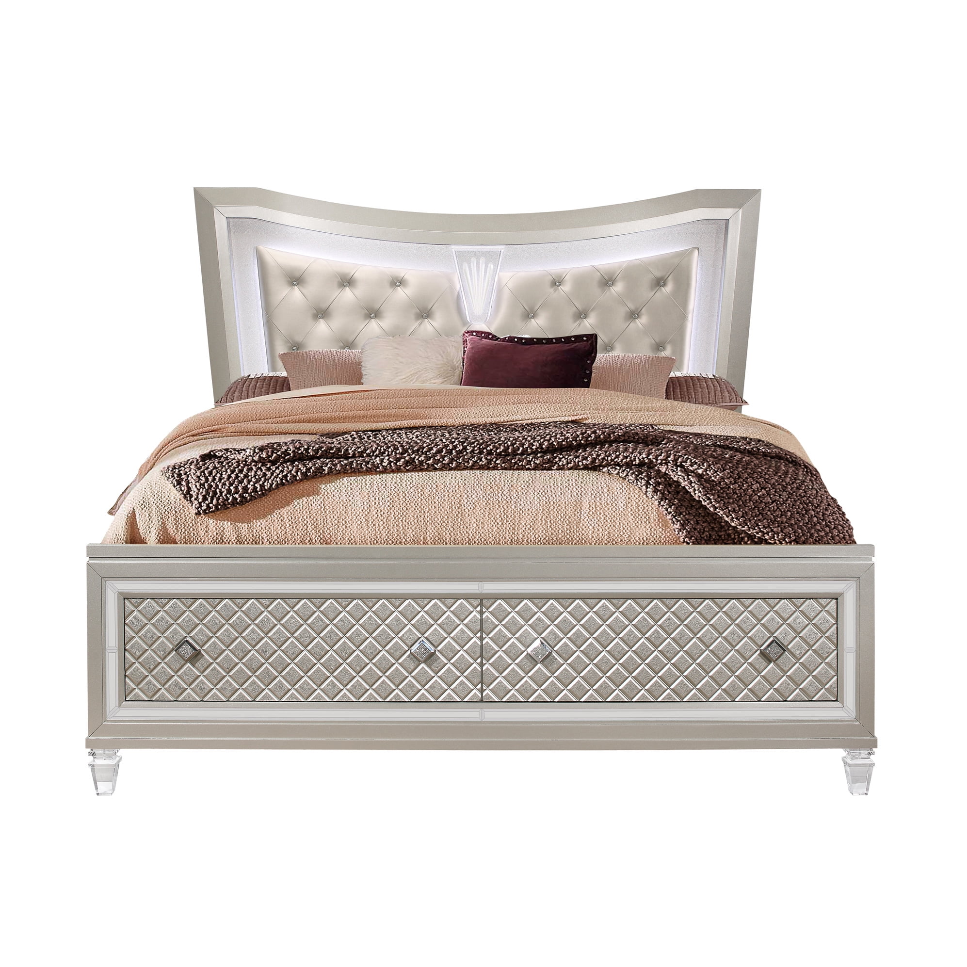 Queen Size Bed With Acrylic Legs And Glittering Champagne Led Headboard ...