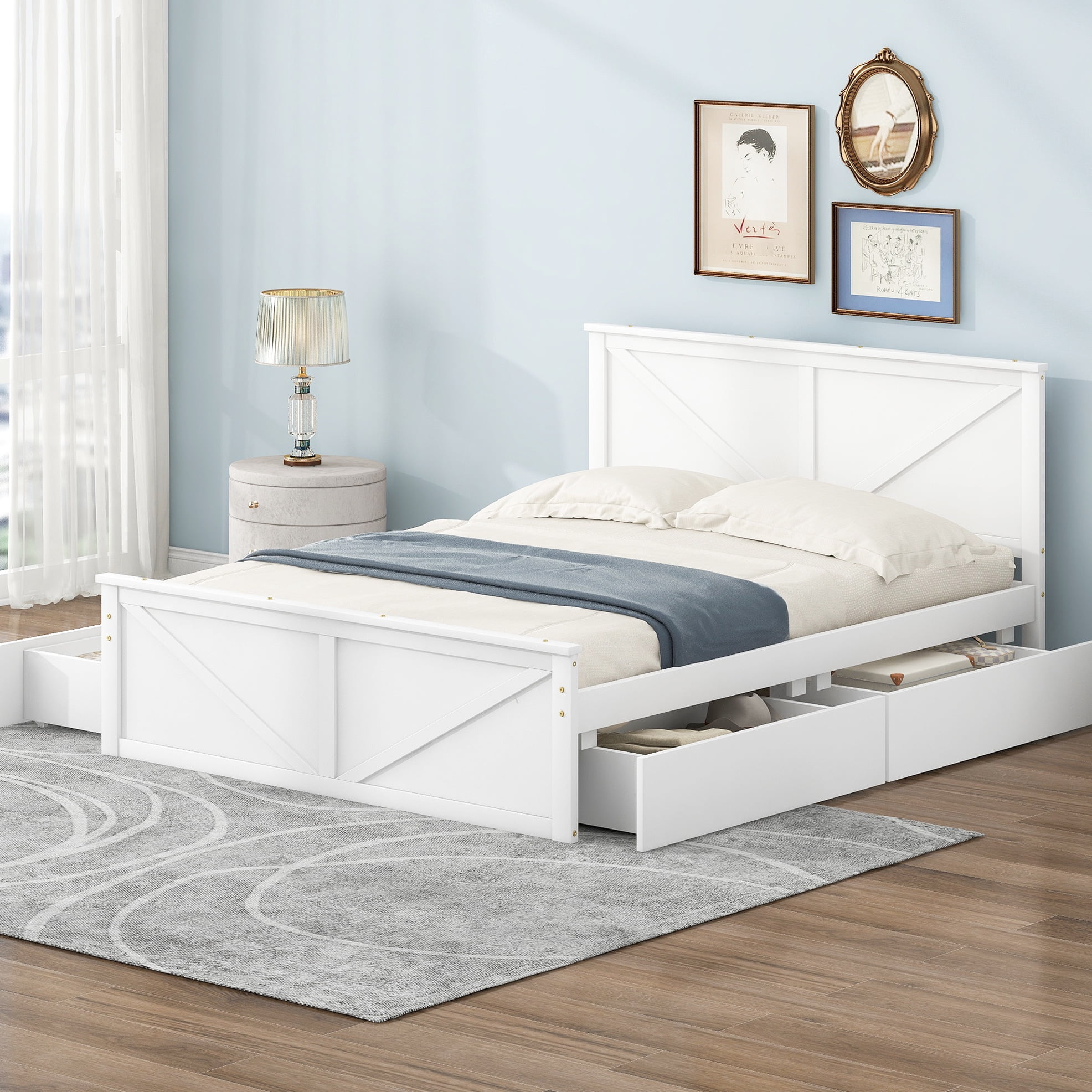 Queen Size Bed With Four Storage Compartments, White - Stable And ...
