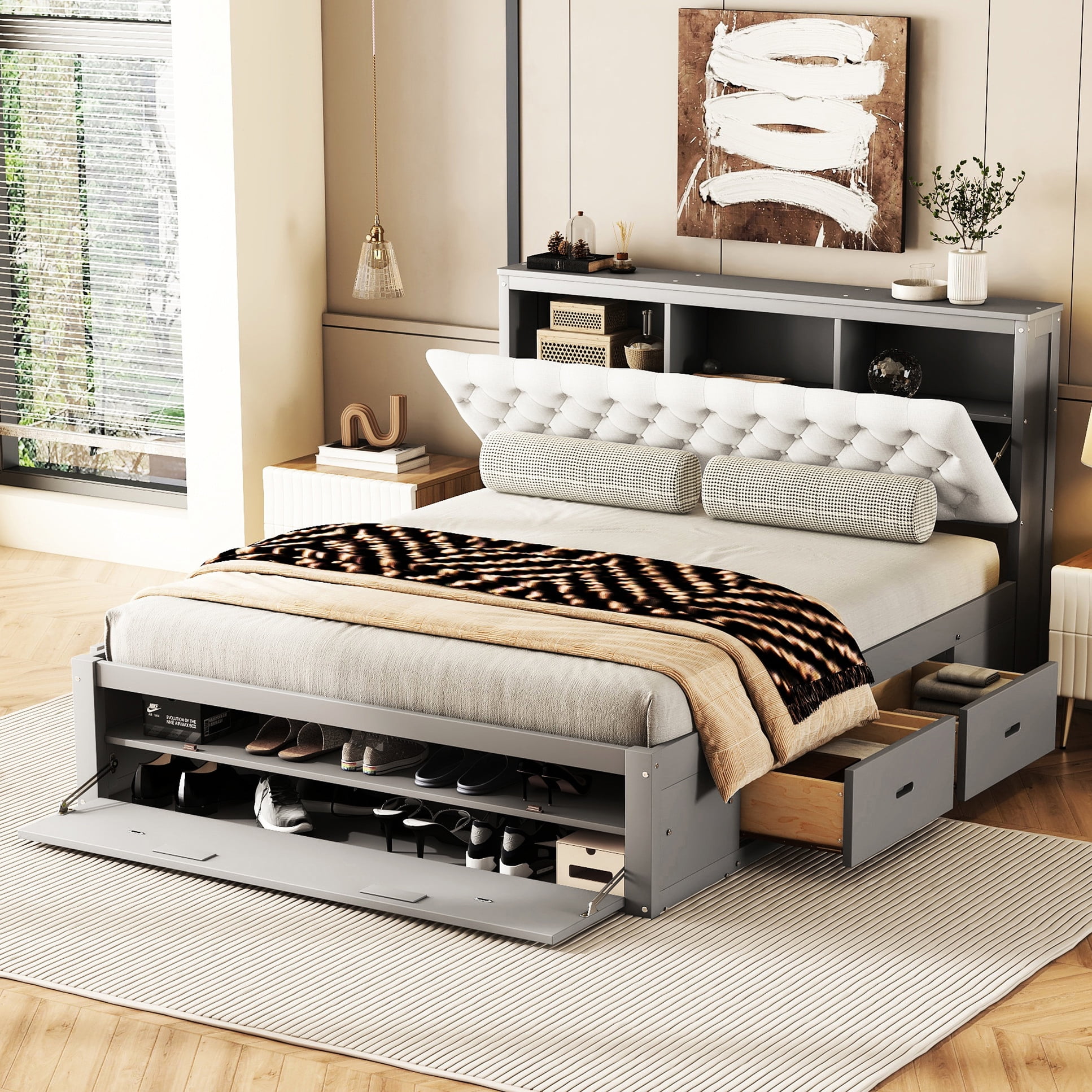 Queen Size Bed With Gray Wood Platform, Headboard Storage, 4 Drawers ...