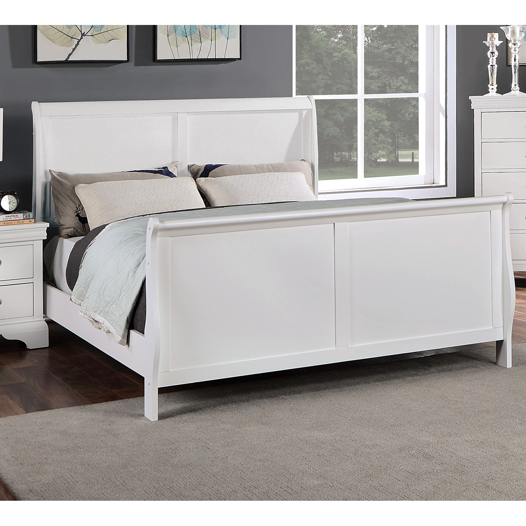 Queen Size Bed With White Headboard And Plywood Base Design Material In ...