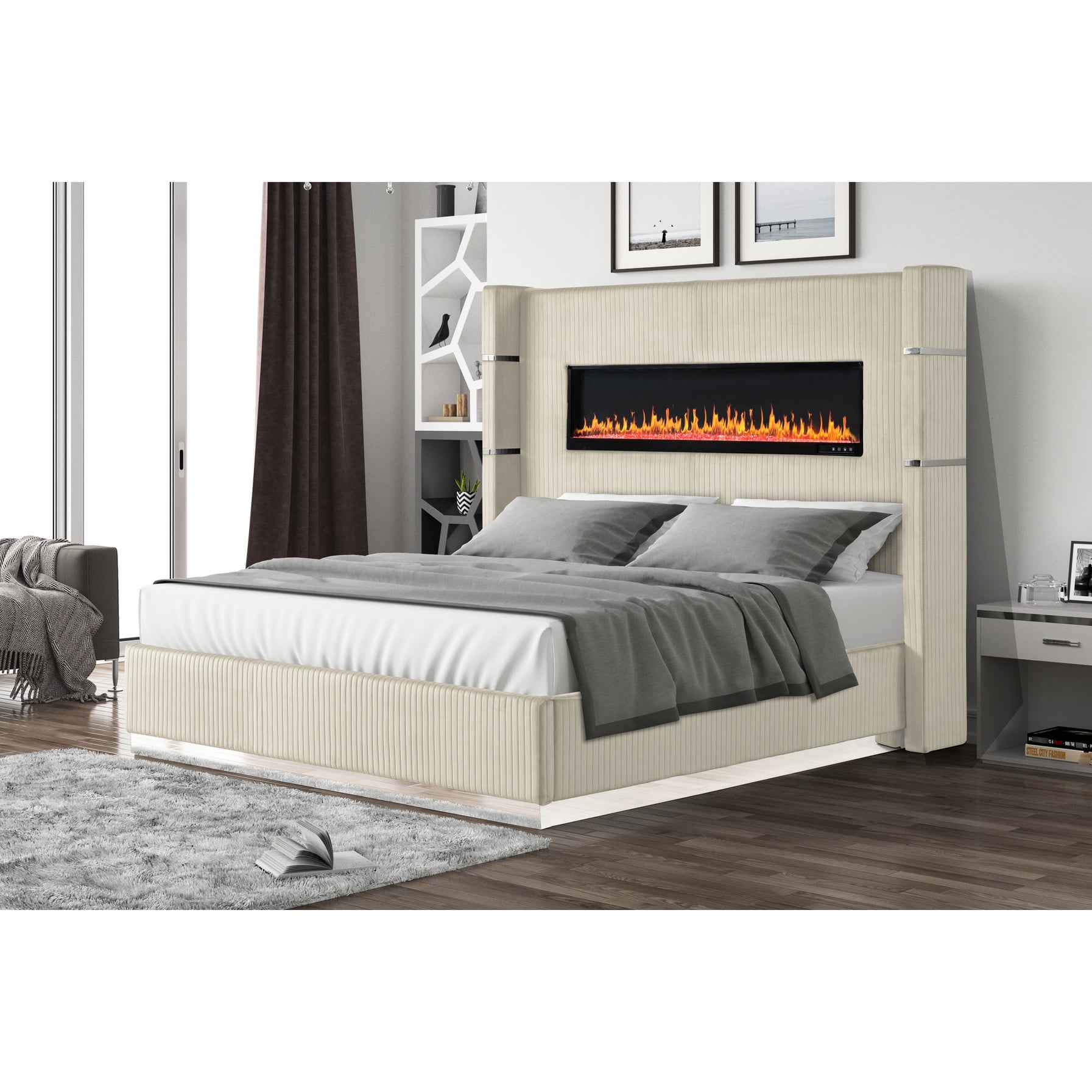 Queen Size Bed with Beige Velvet | Six-Color Fireplace Display | Device ...