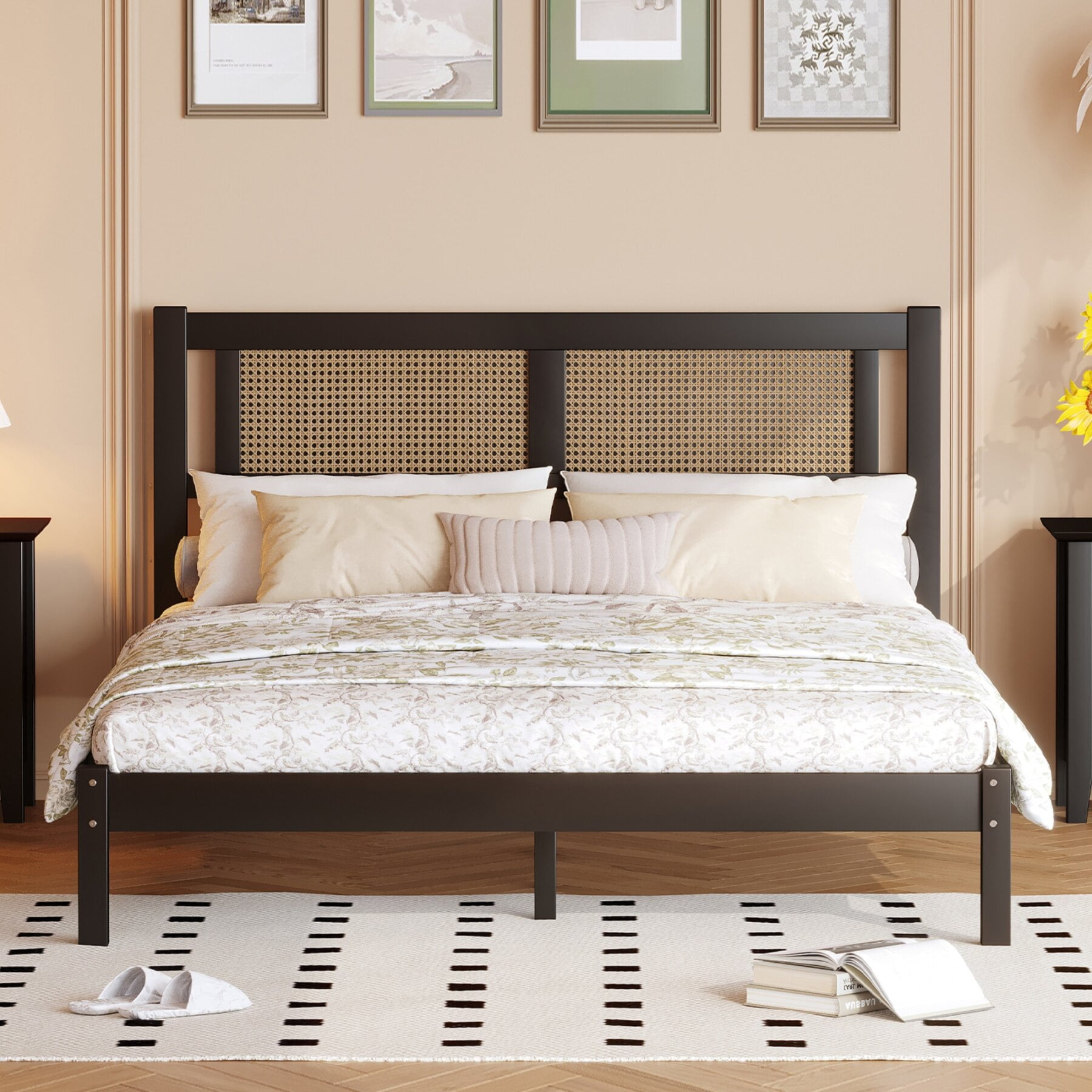 Queen Size Bed with Natural Rattan Headboard Wood Platform Bed for Bedroom Apartment Guest Room No Box Spring Needed Black Walmart