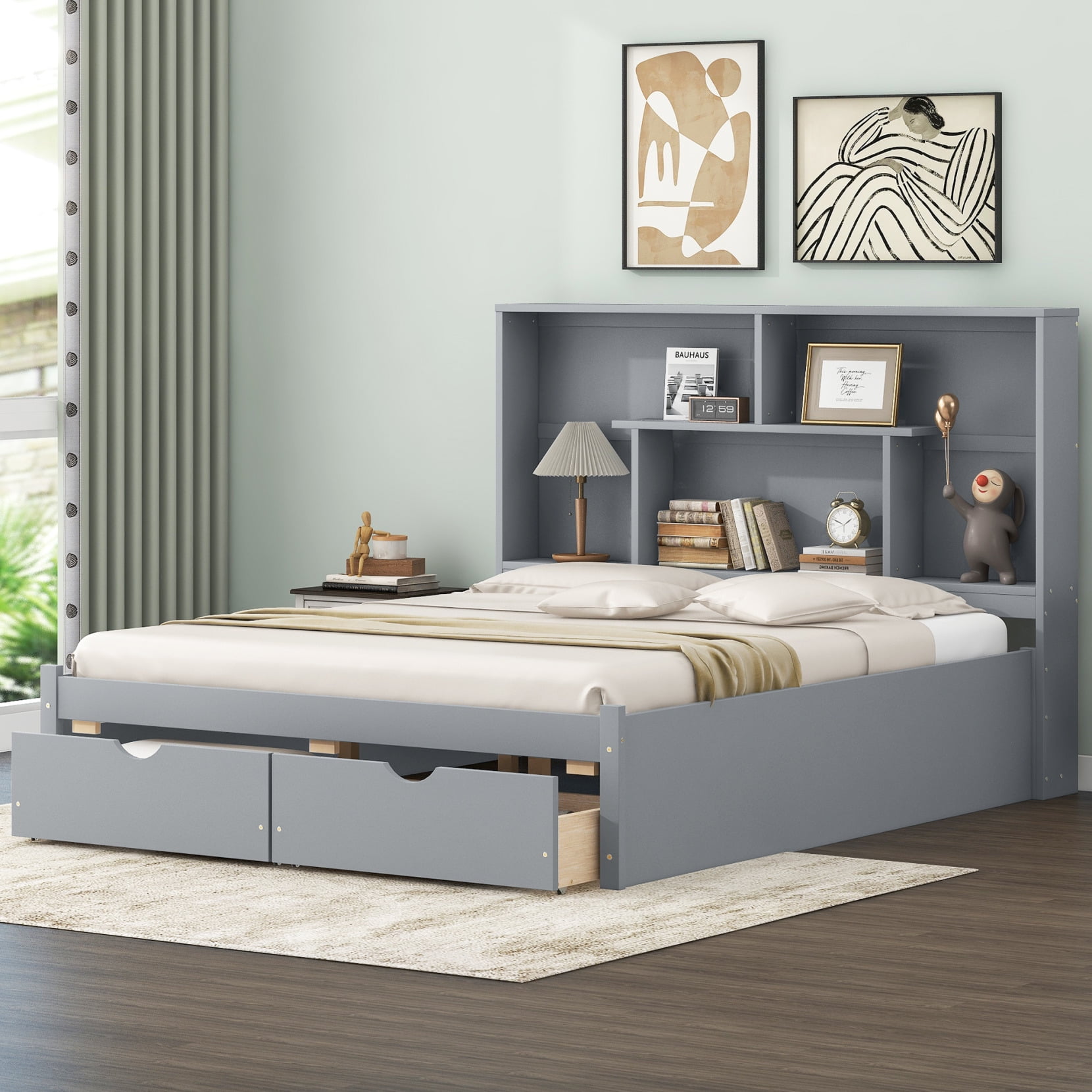 Queen Size Bed with Storage Headboard, Wooden Platform Bed with ...