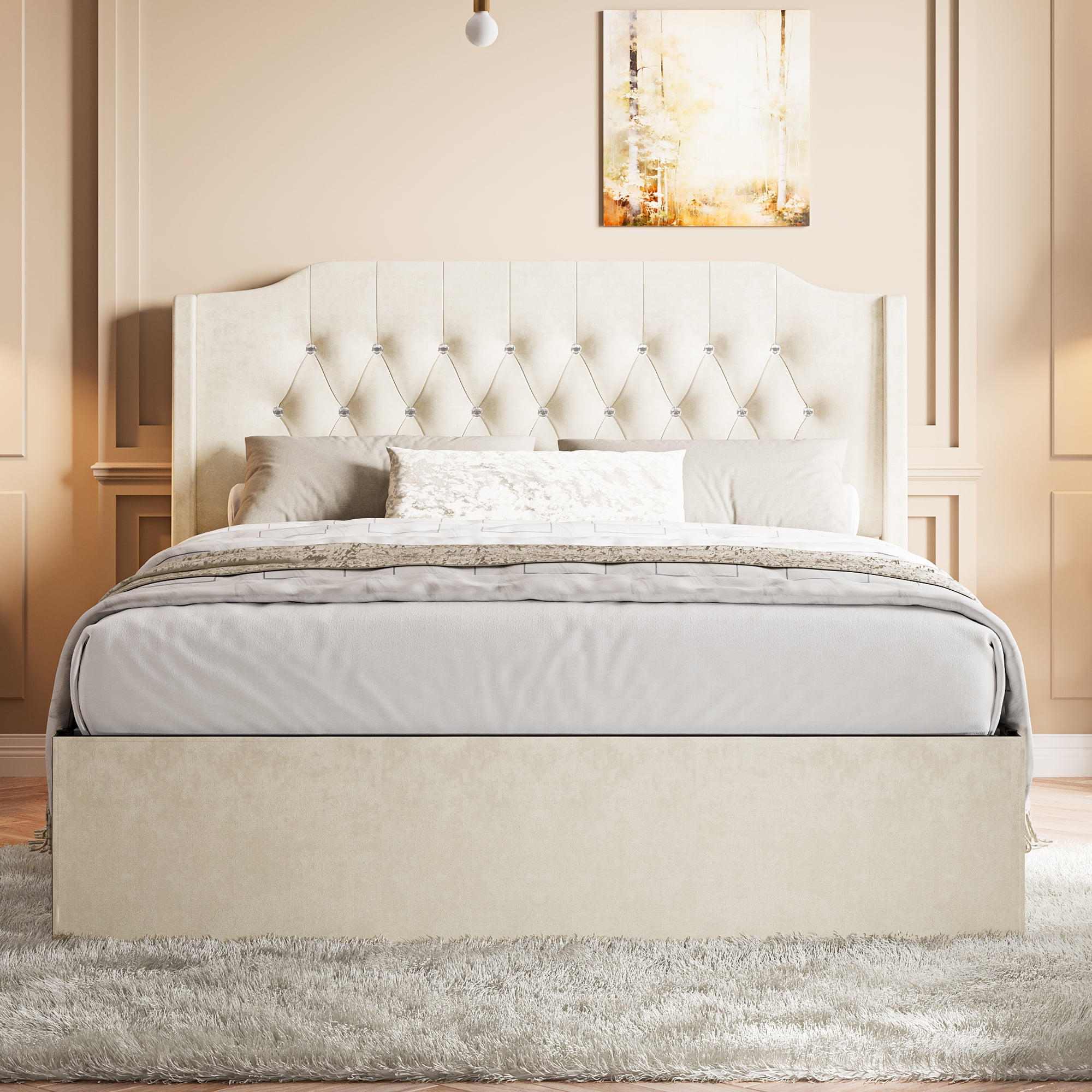 Queen Size Bed with Tufted Upholstered Headboard,Elegant Bed Frame with ...
