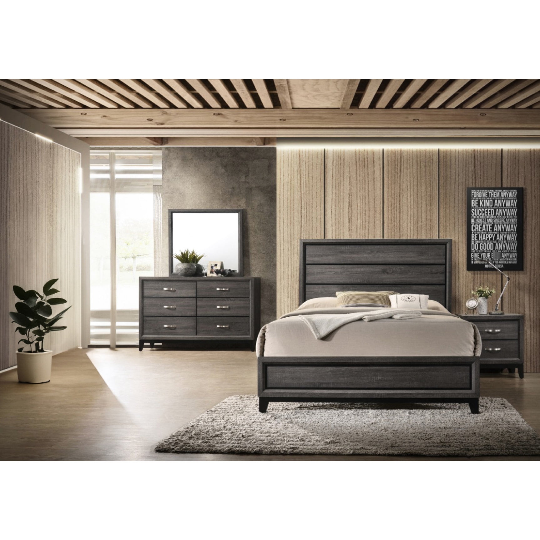 Queen Size Bedroom Set - Contemporary Rustic Finish - Bedroom Furnish ...