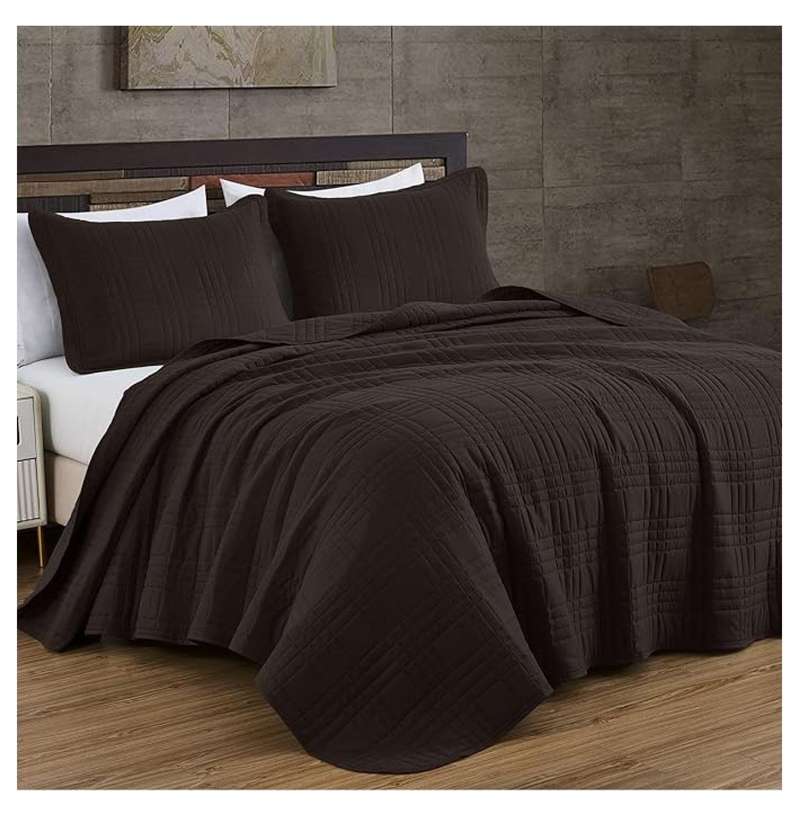 Queen Size Bedspread Set, 3-Piece Brown Oversized Quilted Microfiber ...