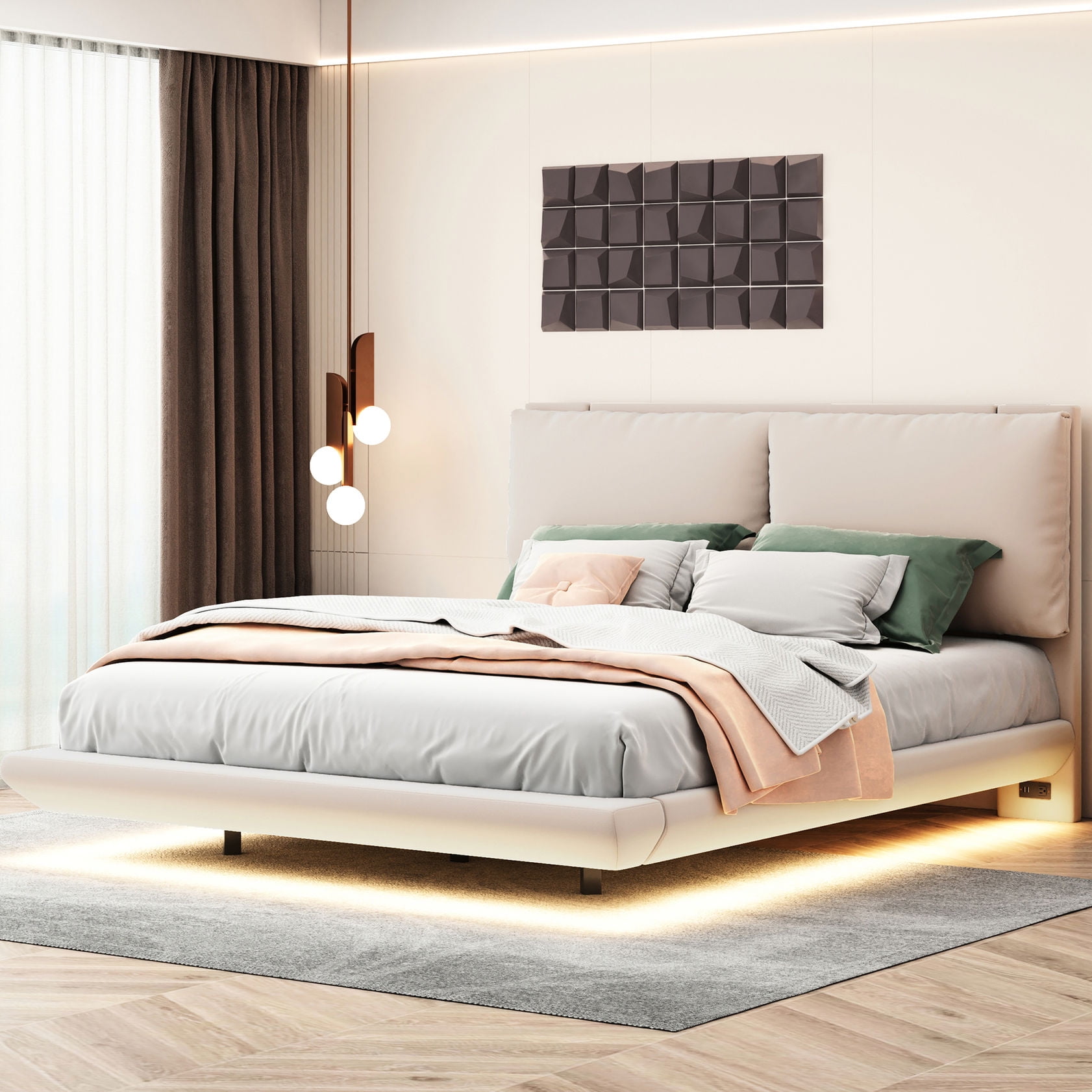 Queen Size Beige Upholstered Bed, Sensor Light & 2 Backrests | Floating ...