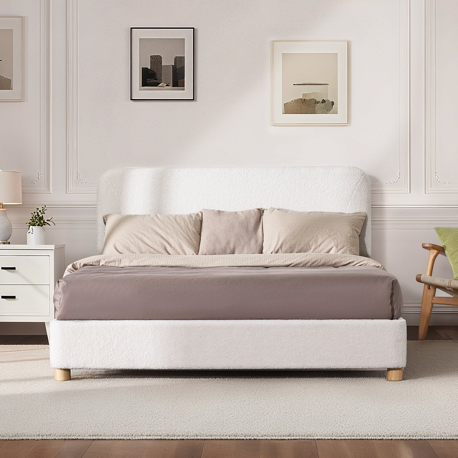 Queen Size Boucle Bed Frame, Upholstered Cloud Bed Frame with ...