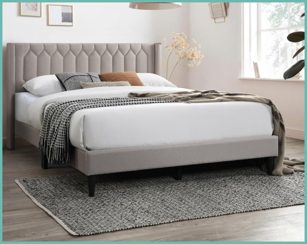 Queen Size Burlap Fabric Platform Bed Frame with Diamond Tufted ...