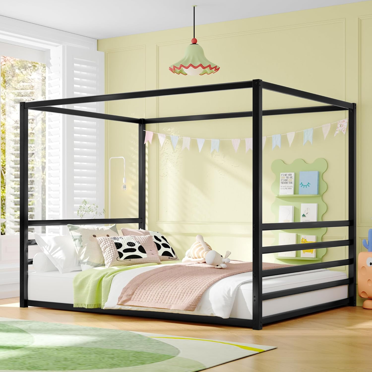 Queen Size Canopy Bed Frame with 4 Posters and Guardrails, Queen Size ...