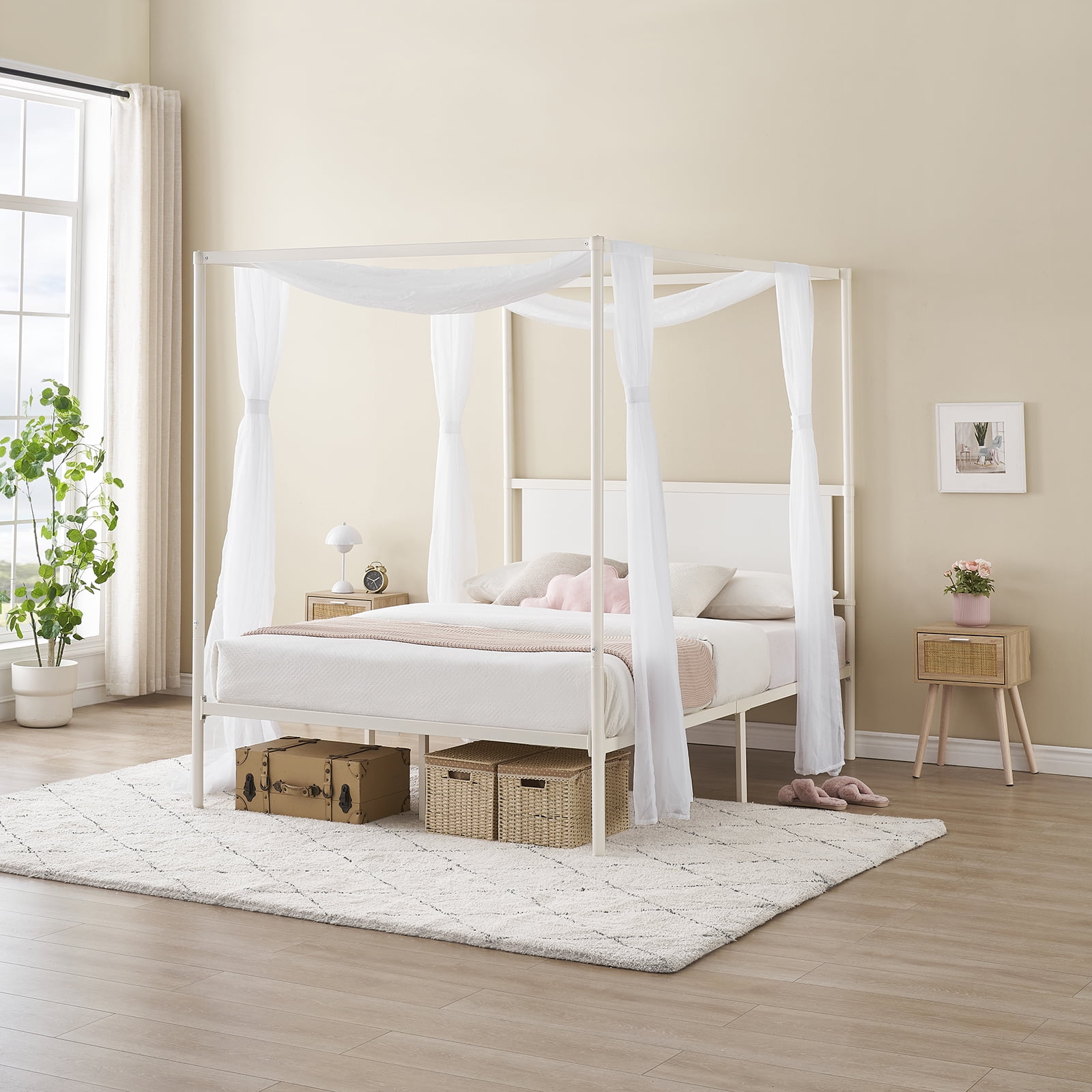 Queen Size Canopy Bed Frame with Headboard, Four-Poster Platform Metal ...