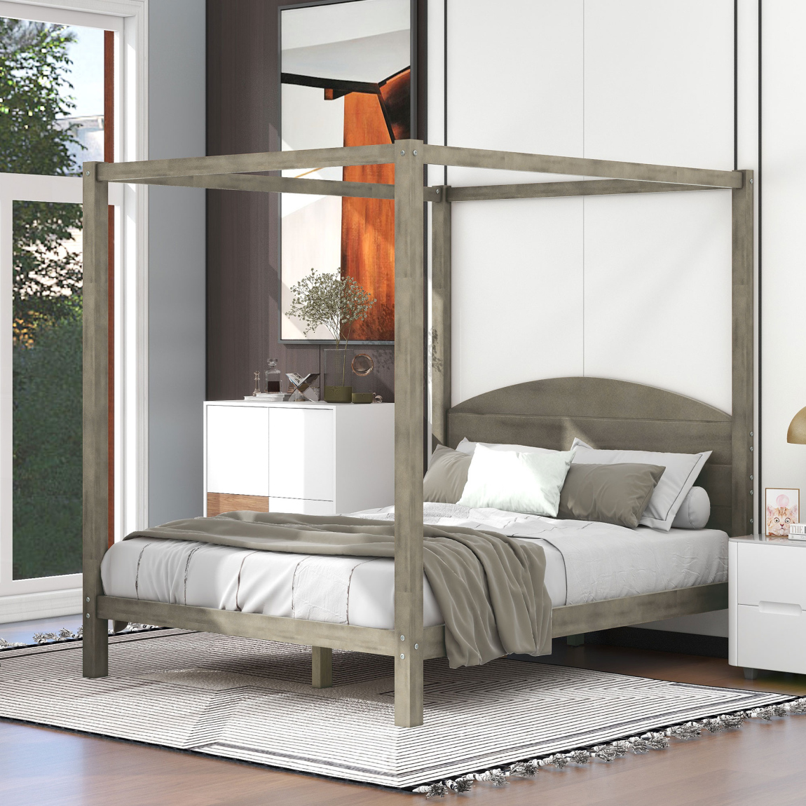 Queen Size Canopy Bed with Headboard, Four-Poster Canopy Platform Bed ...