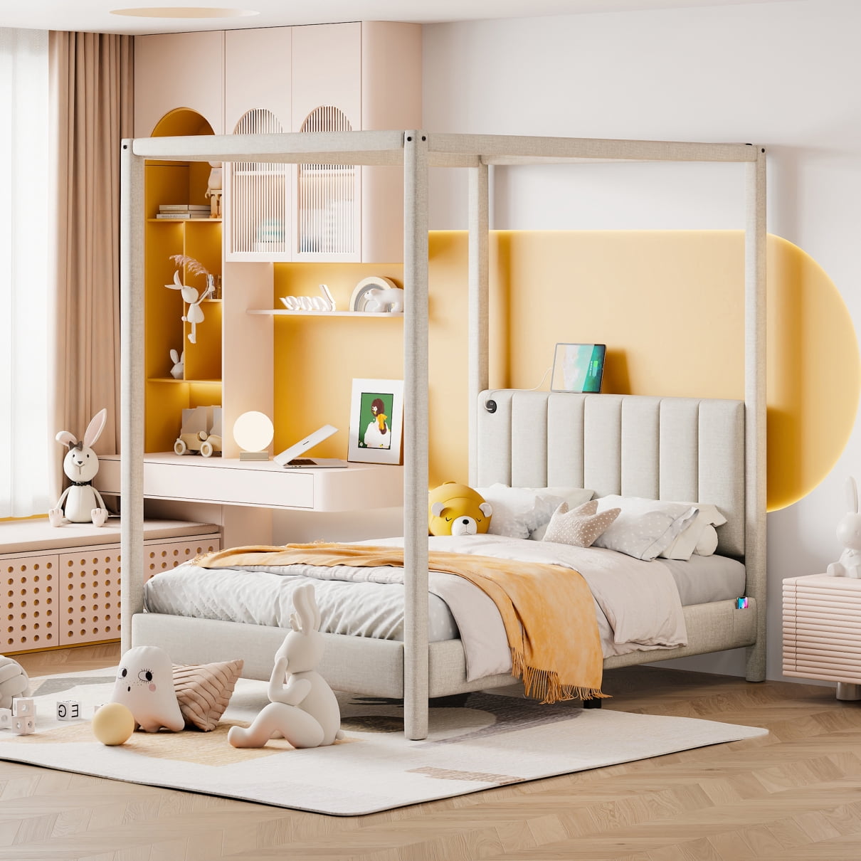 Queen Size Canvas Canopy Platform Bed with USB and Type-C Ports, Modern ...