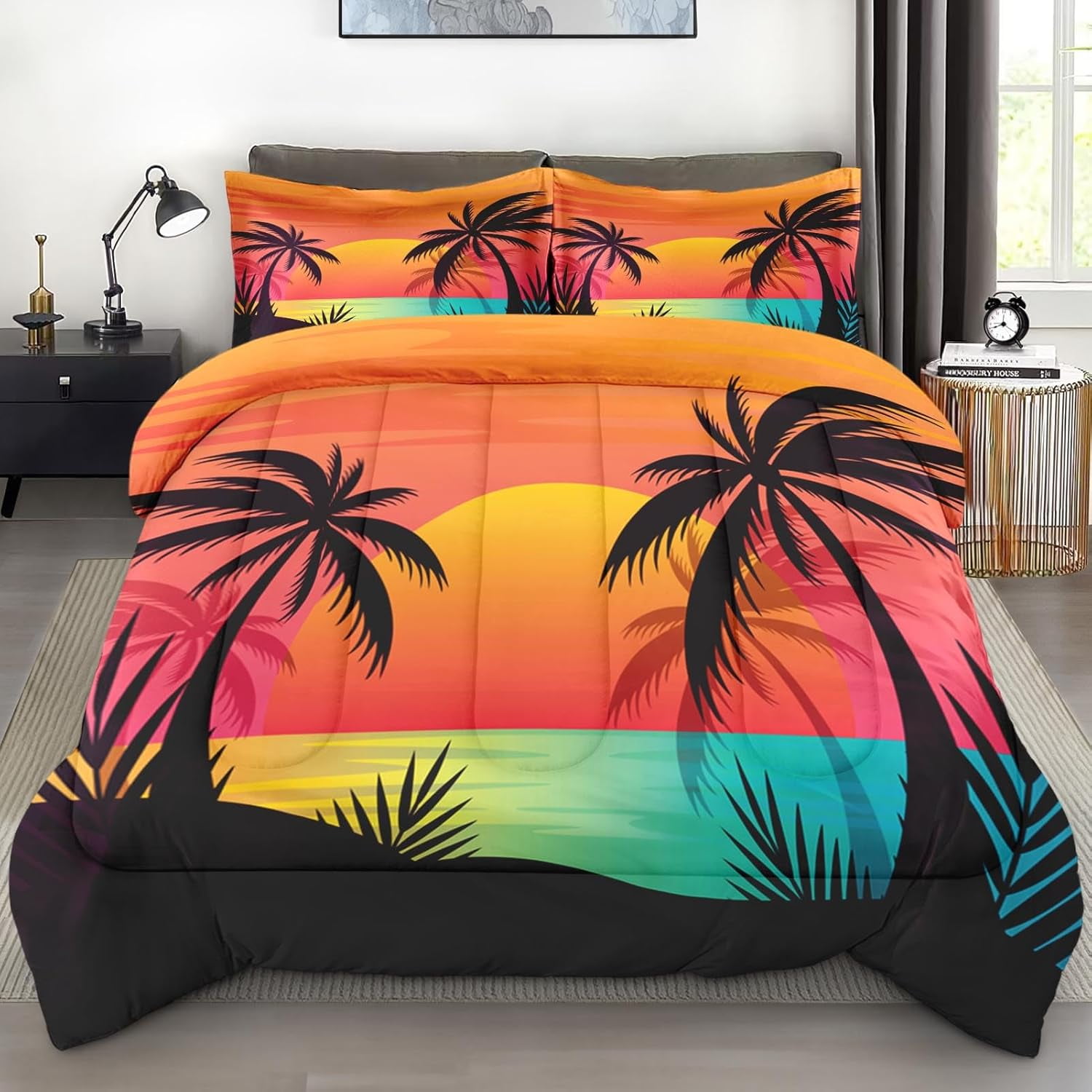 Queen Size Comforter Set, Beach Sunset Palm Tree 3 Piece Soft Bedding ...