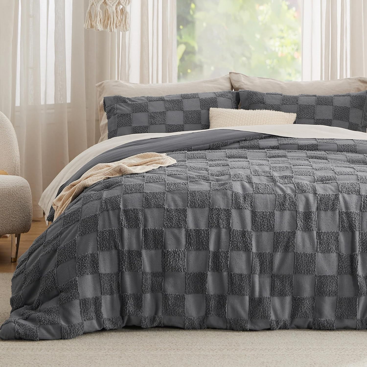 Queen Size Comforter Set Dark Grey, Boho Tufted Bed Set, Checkered ...