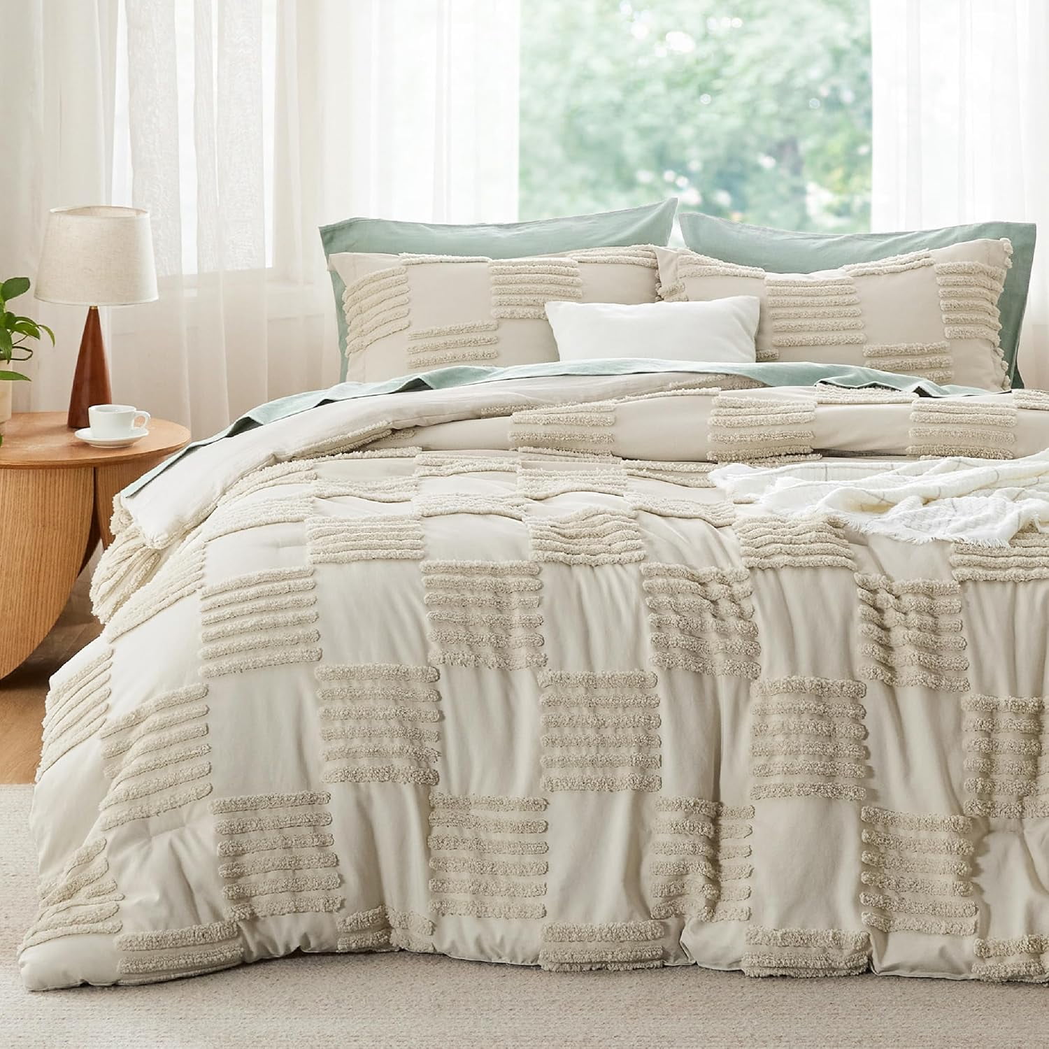Queen Size Comforter Set Linen, Boho Tufted Bed Set, Grande Checkered ...