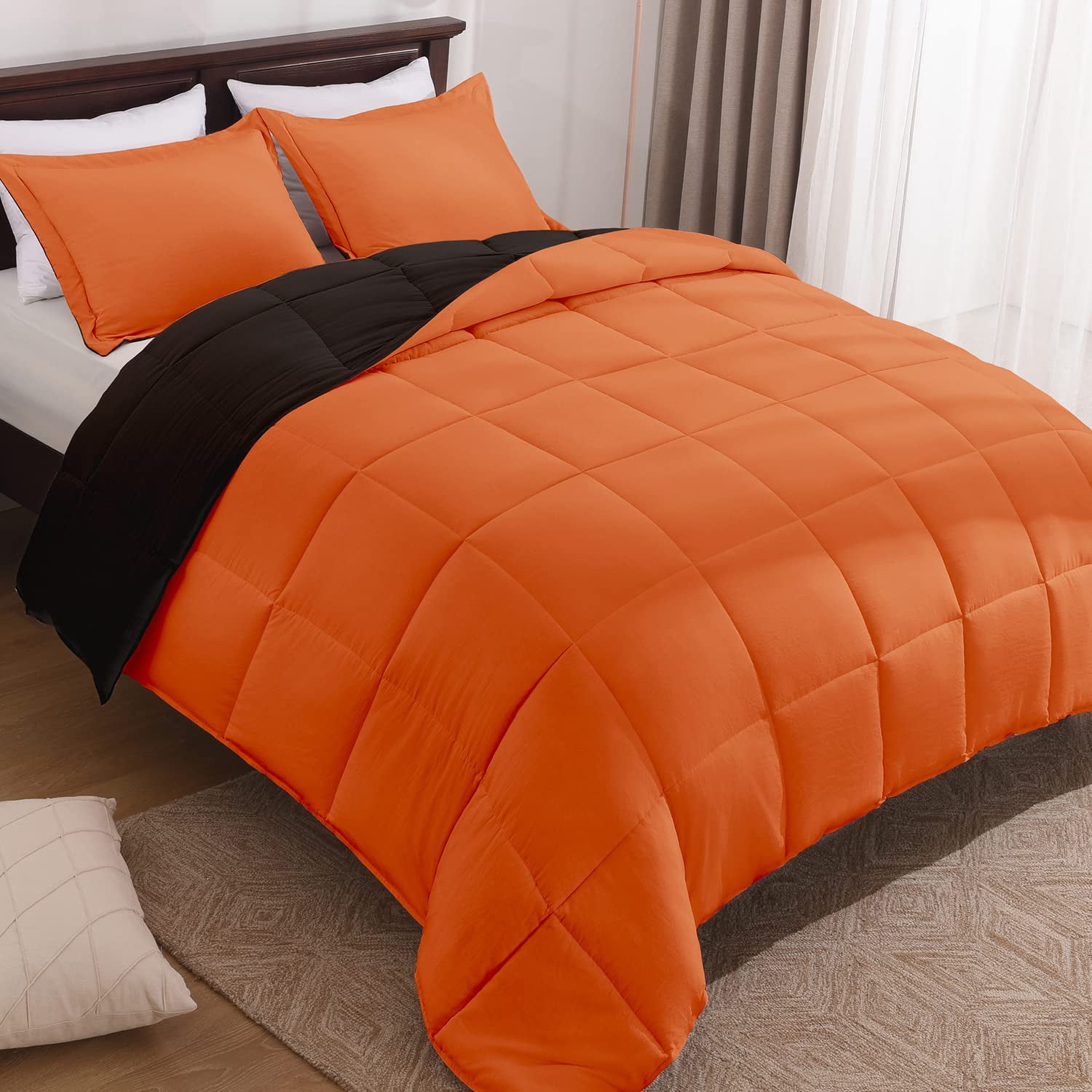 Queen Size Comforter Set Orange And Black Reversible Bed Comforter