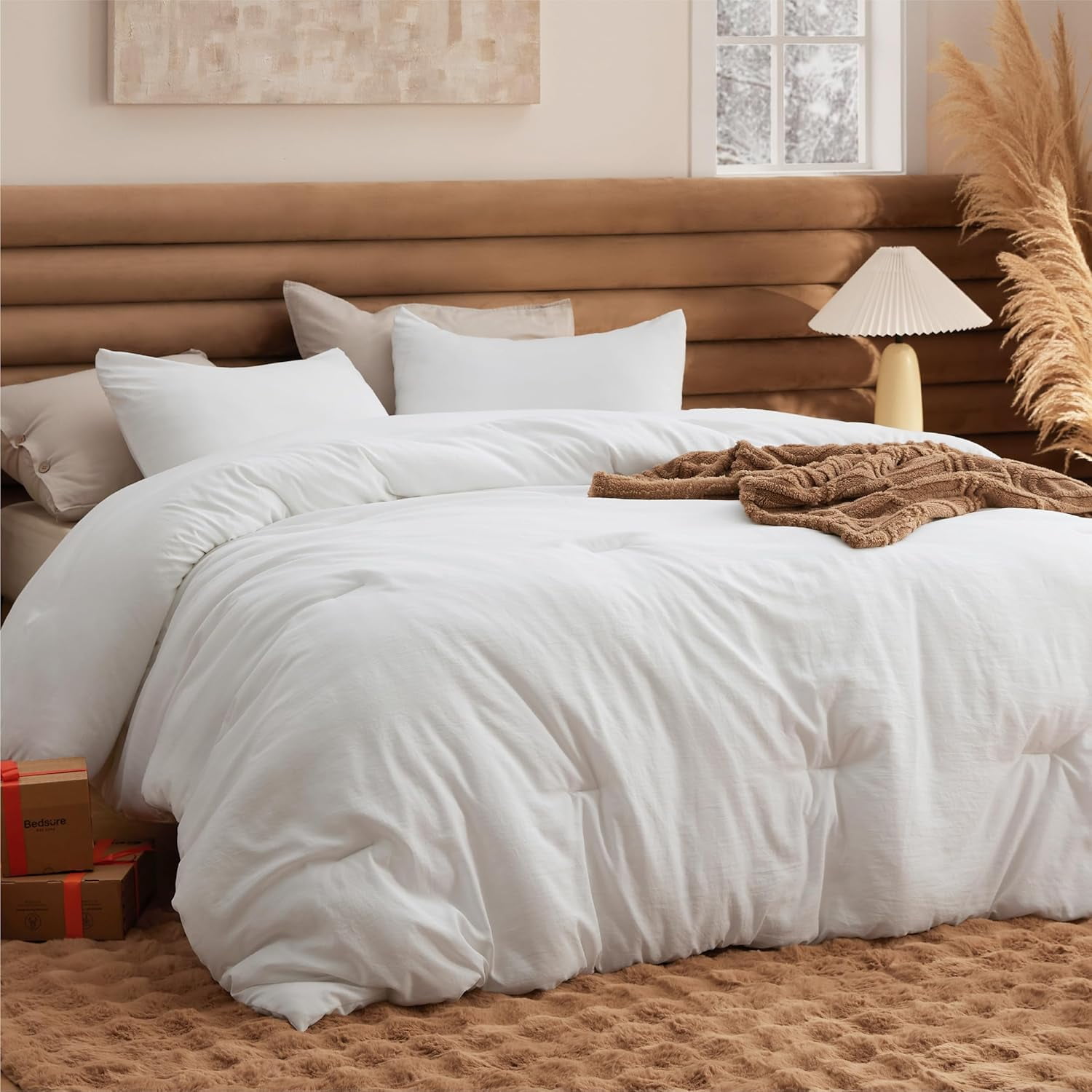 Queen Size Comforter Set, White Soft Prewashed Bedding for All Seasons ...