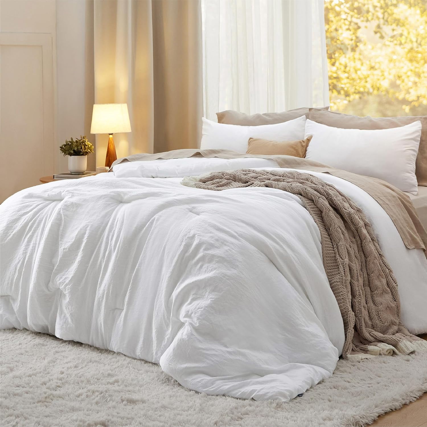 Queen Size Comforter Set, White Soft Prewashed Bedding for All Seasons ...