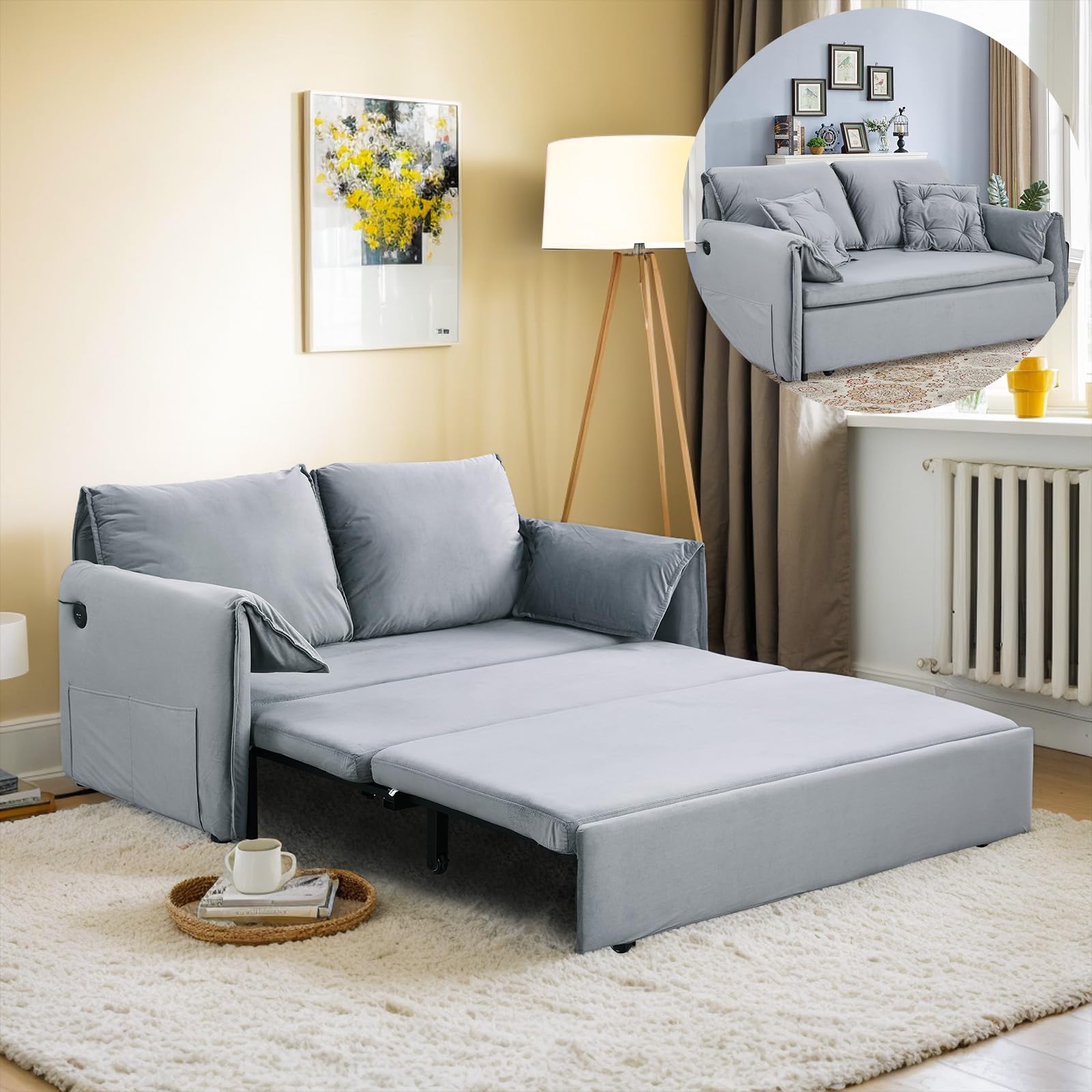 Queen Size Convertible Futon Sofa Bed, 3-in-1 Velvet Sleeper Sofa with ...