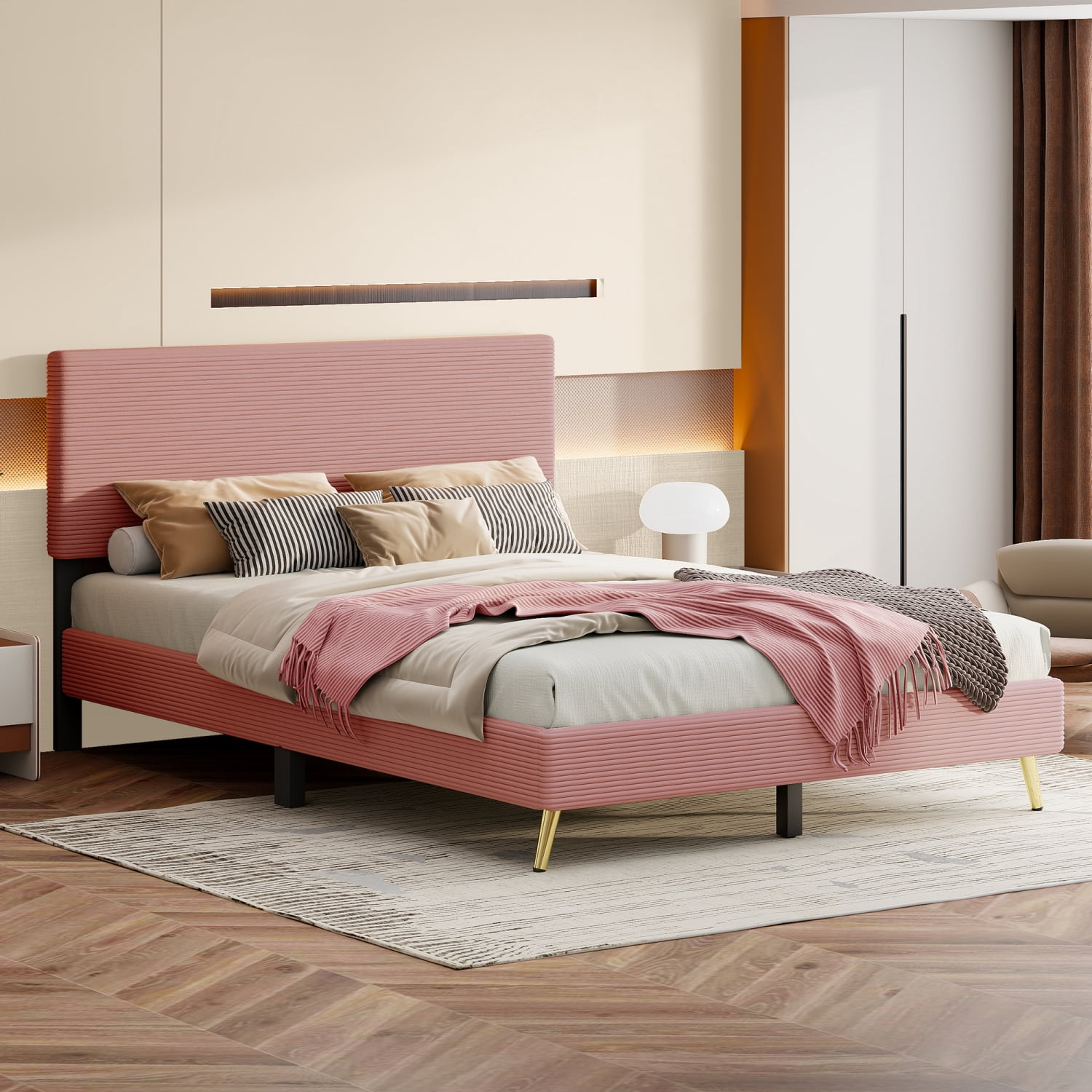Queen Size Corduroy Upholstered Bed Frame Platform Bed with Horizontal ...