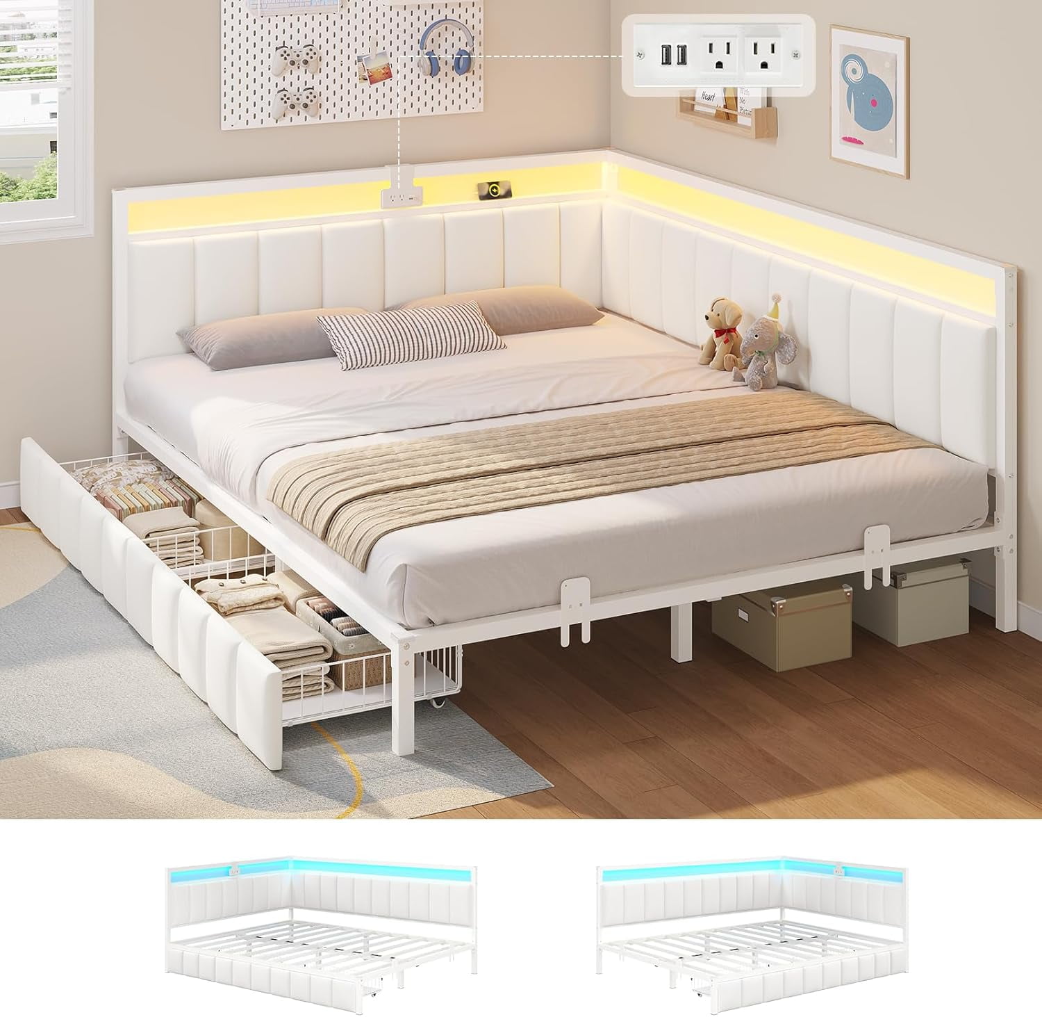 Queen Size Corner Bed Frame with 2 Storage Drawers and Charging Station ...