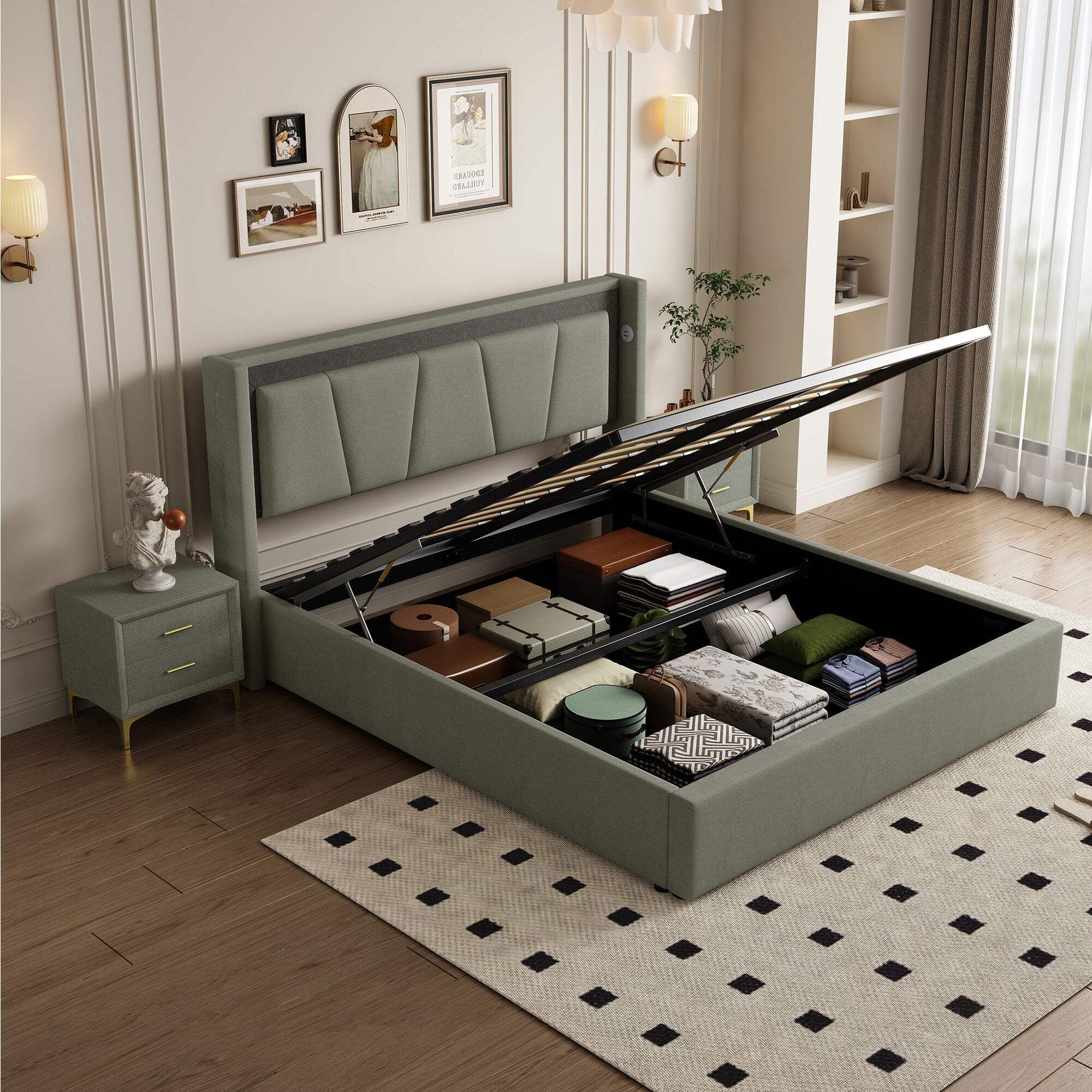 Queen Size, Cotton And Linen Fabric, Pneumatic Bed, With Storage Space ...