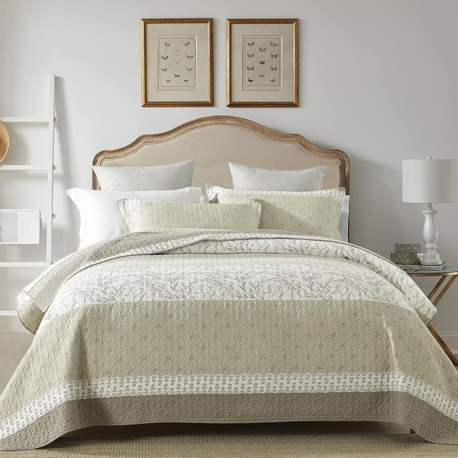 Queen Size Cotton Quilt - 3 Piece Beige Quilt Set with Matching Shams ...