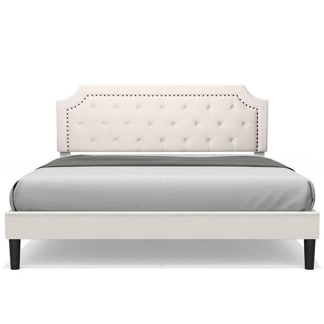 Queen Size Cream Color Bed Frame Upholstered Low Profile Traditional ...