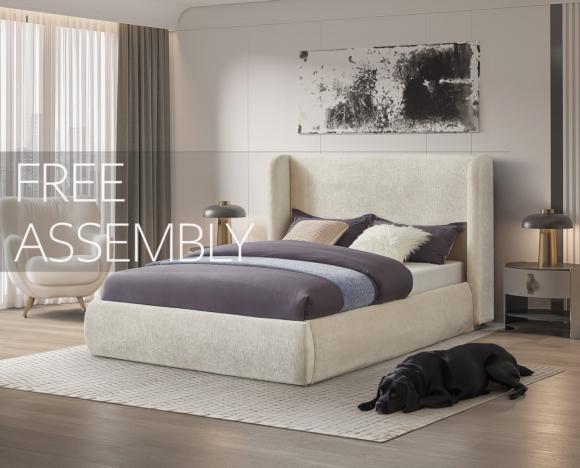 Queen Size Cream Platform Bed Frame 46" High Headboard Tall Upholstered ...