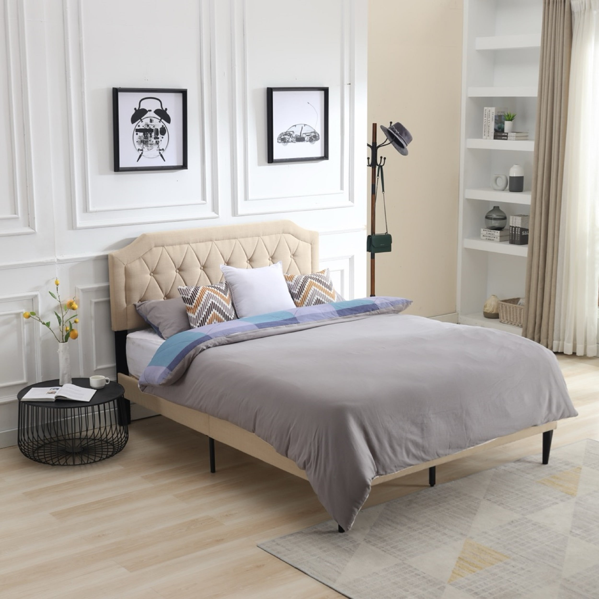 Queen Size Curved Upholstered Bed,Modern Linen Platform Bed with Headboard and Nailhead Trim ...