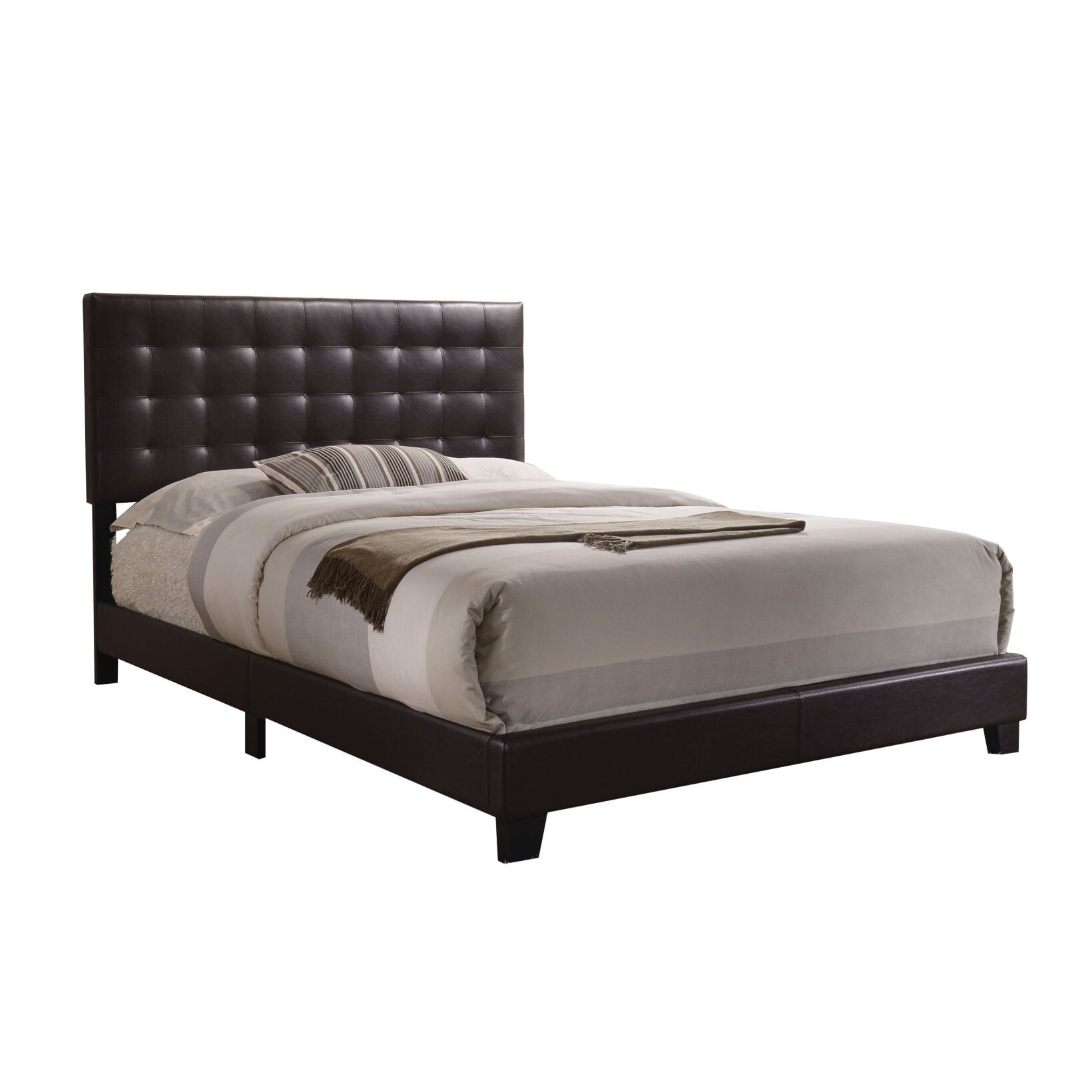 Queen Size Dark Brown Bed Frame with Button-Down Upholstered Headboard ...
