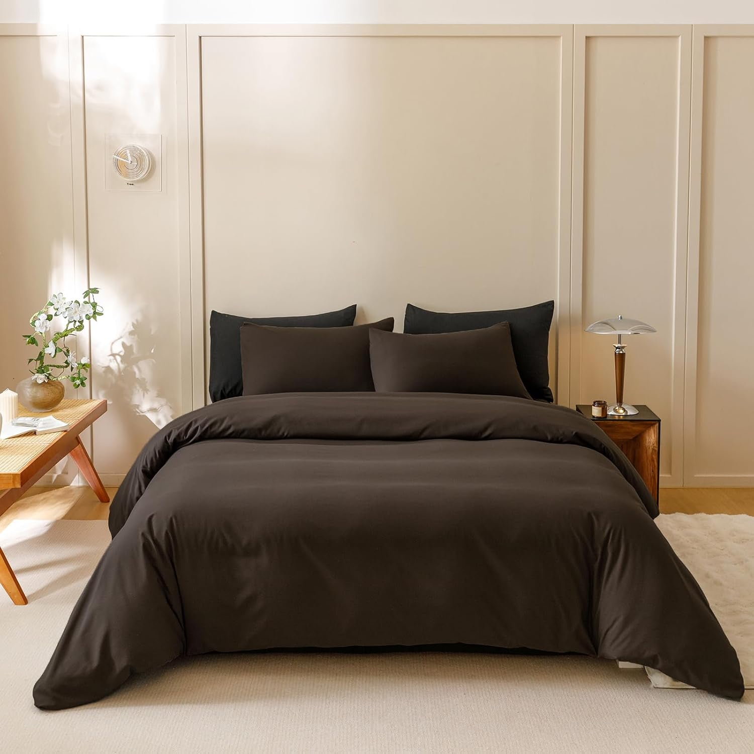 Queen Size Dark Brown Comforter Set with Deep Coffee Color Fluffy Linen ...