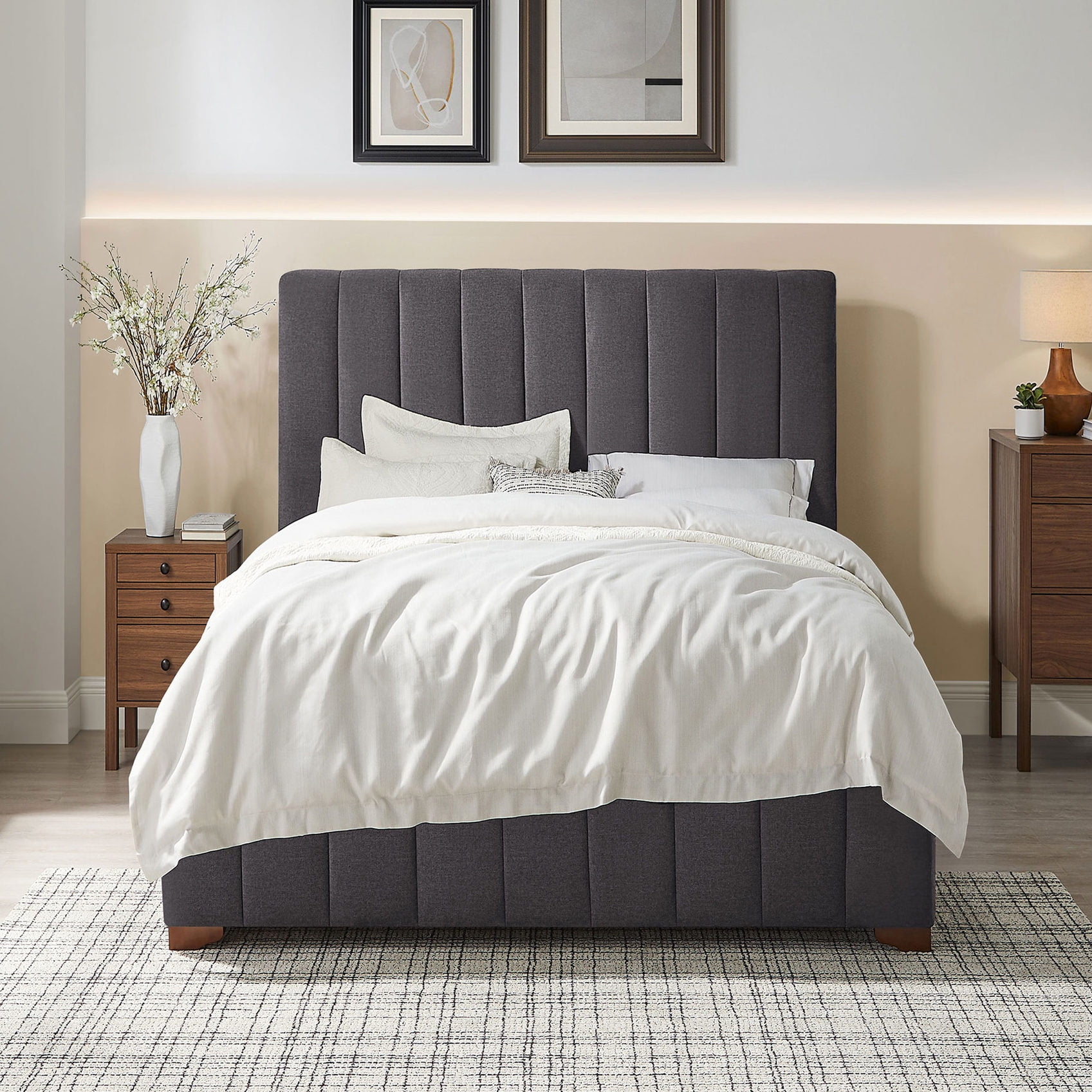 Queen Size Dark Grey Upholstered Bed Frame with Headboard | Crisp Lines ...