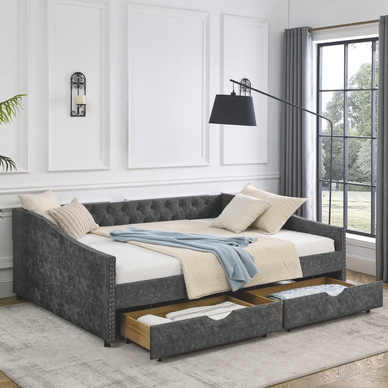 Queen Size Daybed with 2 Drawers, Upholstered Sofa Bed Frame with ...