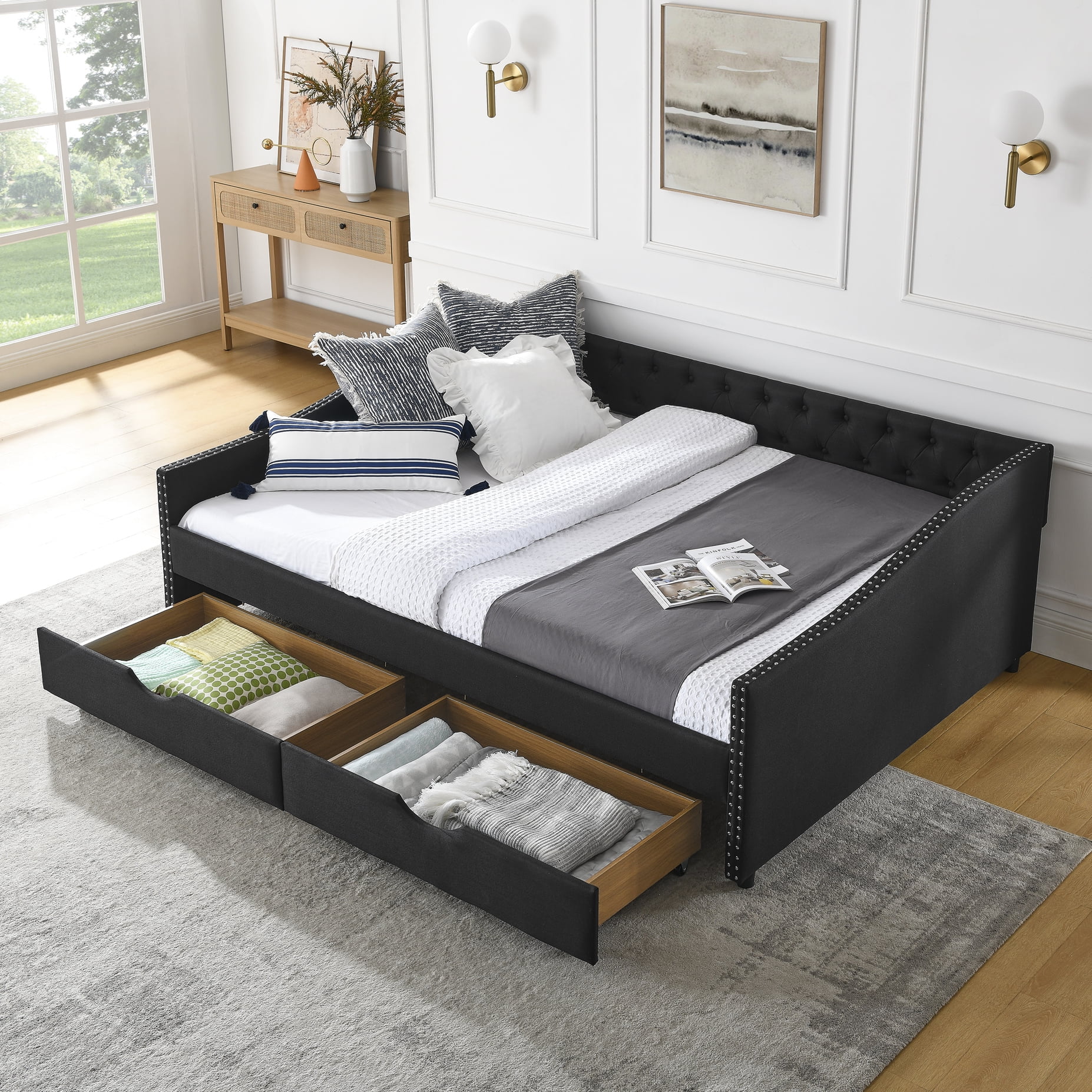Queen Size Daybed With Storage Function, Upholstery And Soft Fabric ...