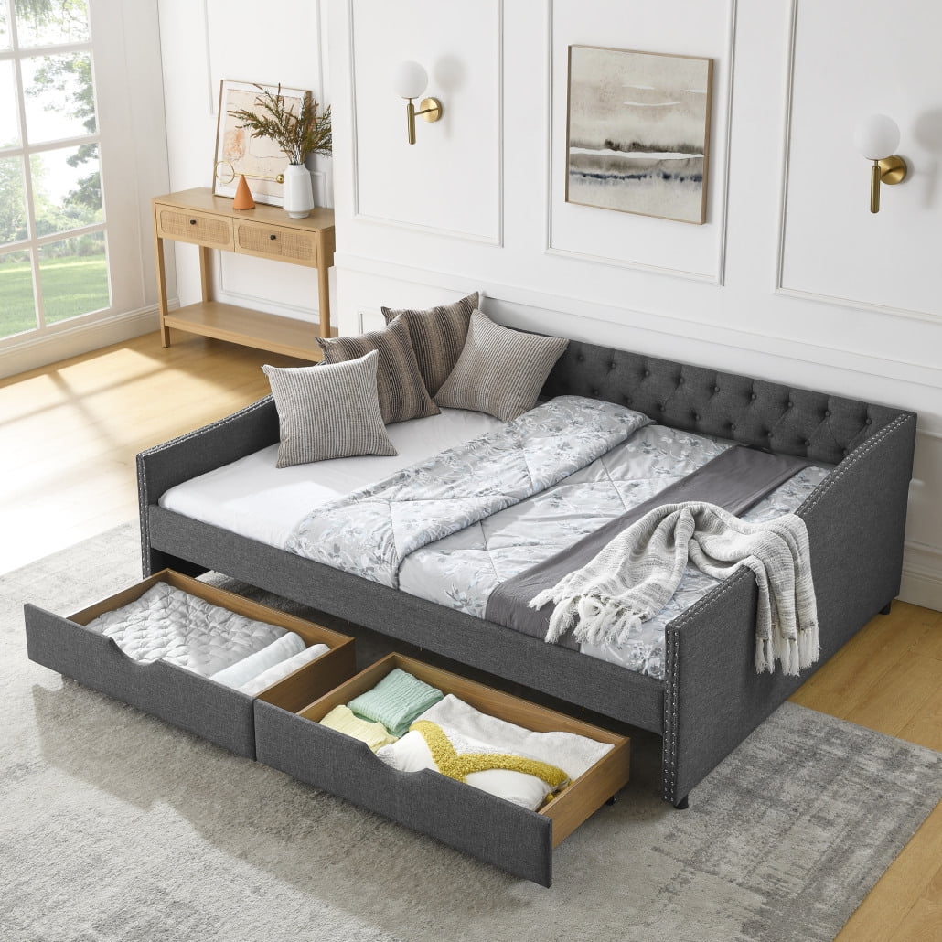 Queen Size Daybed with 2 Storage Drawers, Upholstered Bed Frame for ...