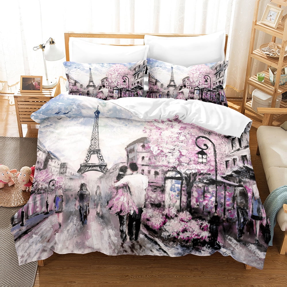 Queen Size The Eiffel Tower Duvet Cover Sets 3 Pieces Paris Bedding Set for Kids Teens Girls ...