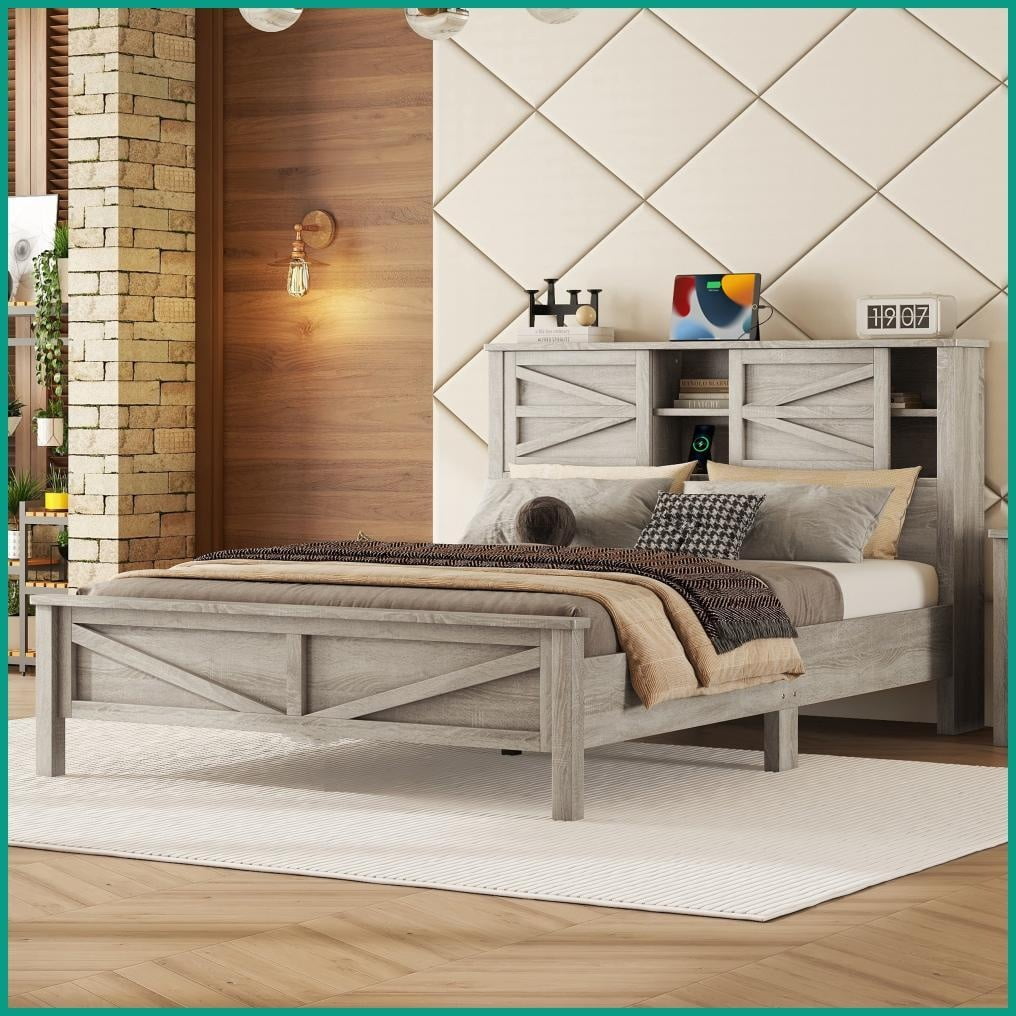 Queen Size Engineered Wood Platform Bed with Double Sliding Barn Door ...