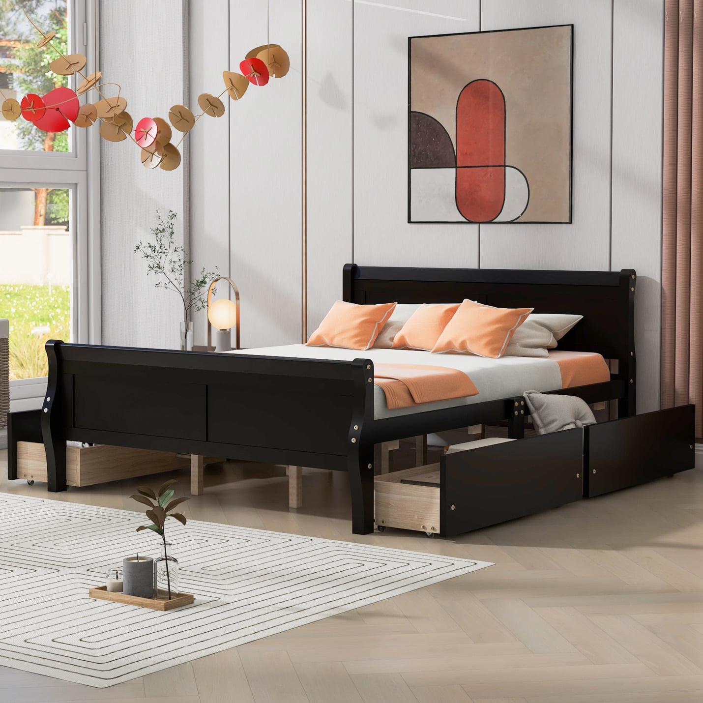 Queen Size Espresso Bed Frame, Classic Platform Bed with Four Storage ...