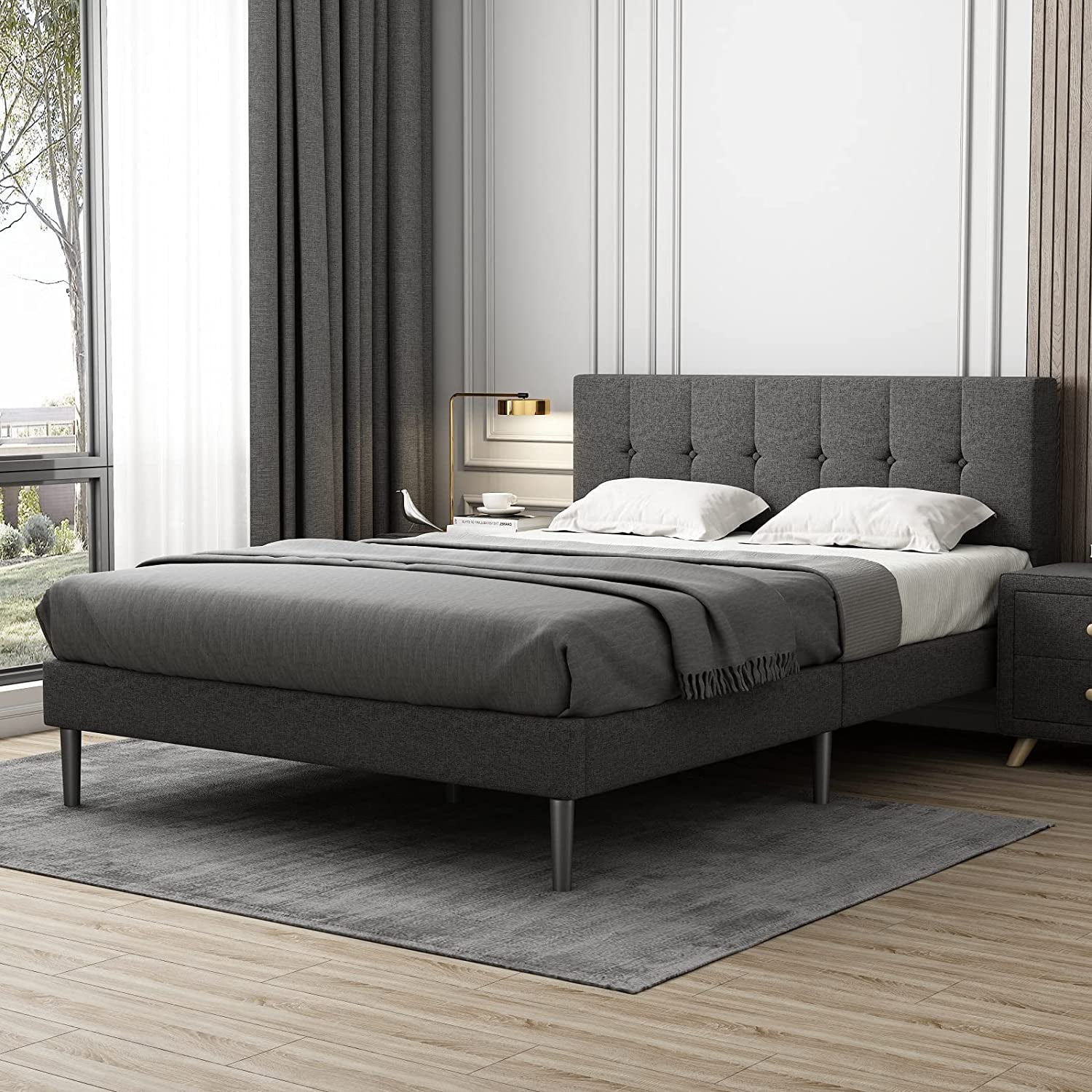Queen Size Fabric Upholstered Platform Bed Frame Modern Upholstered ...