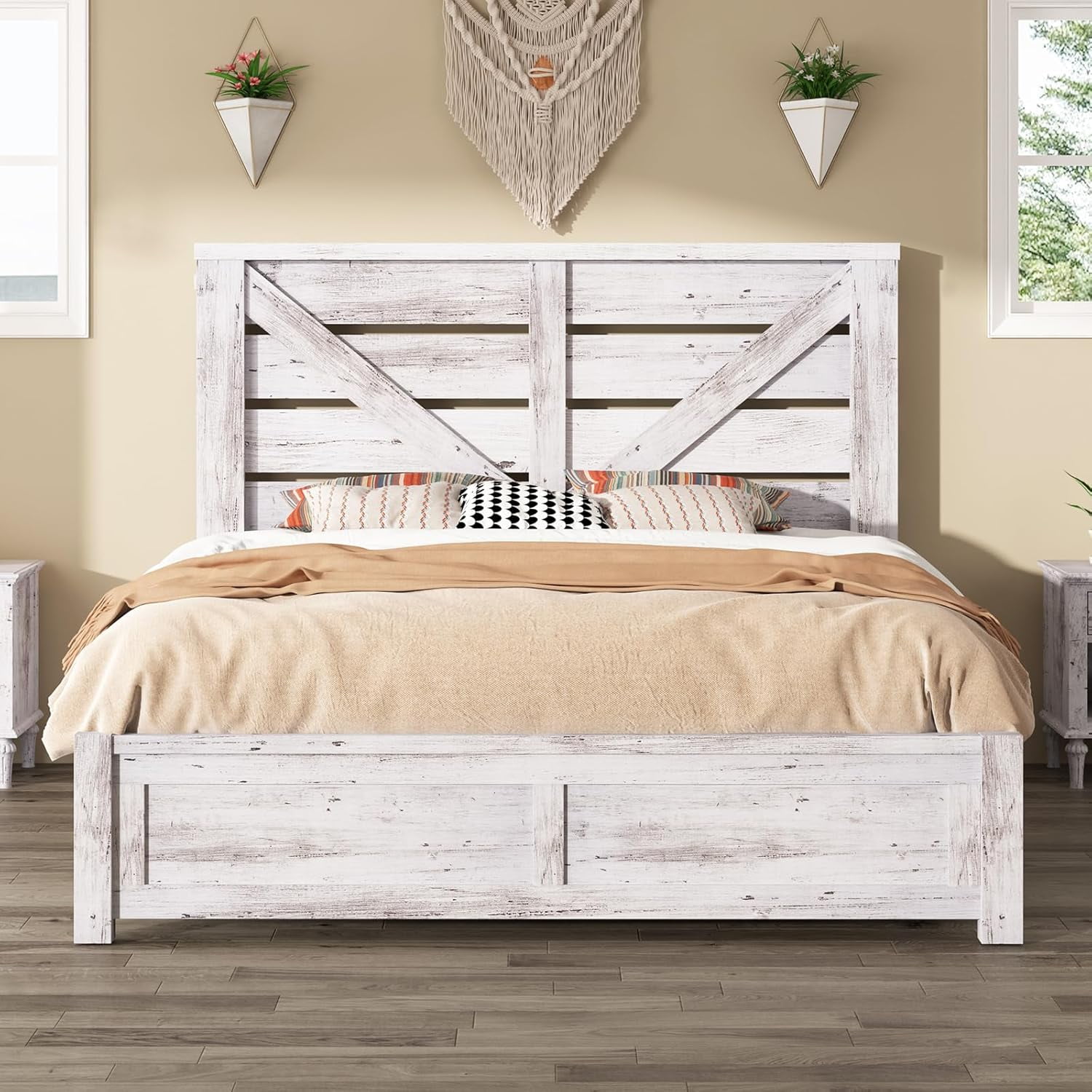 Queen Size Farmhouse Bed Frame with 49.2" Barn Door Headboard, Platform ...