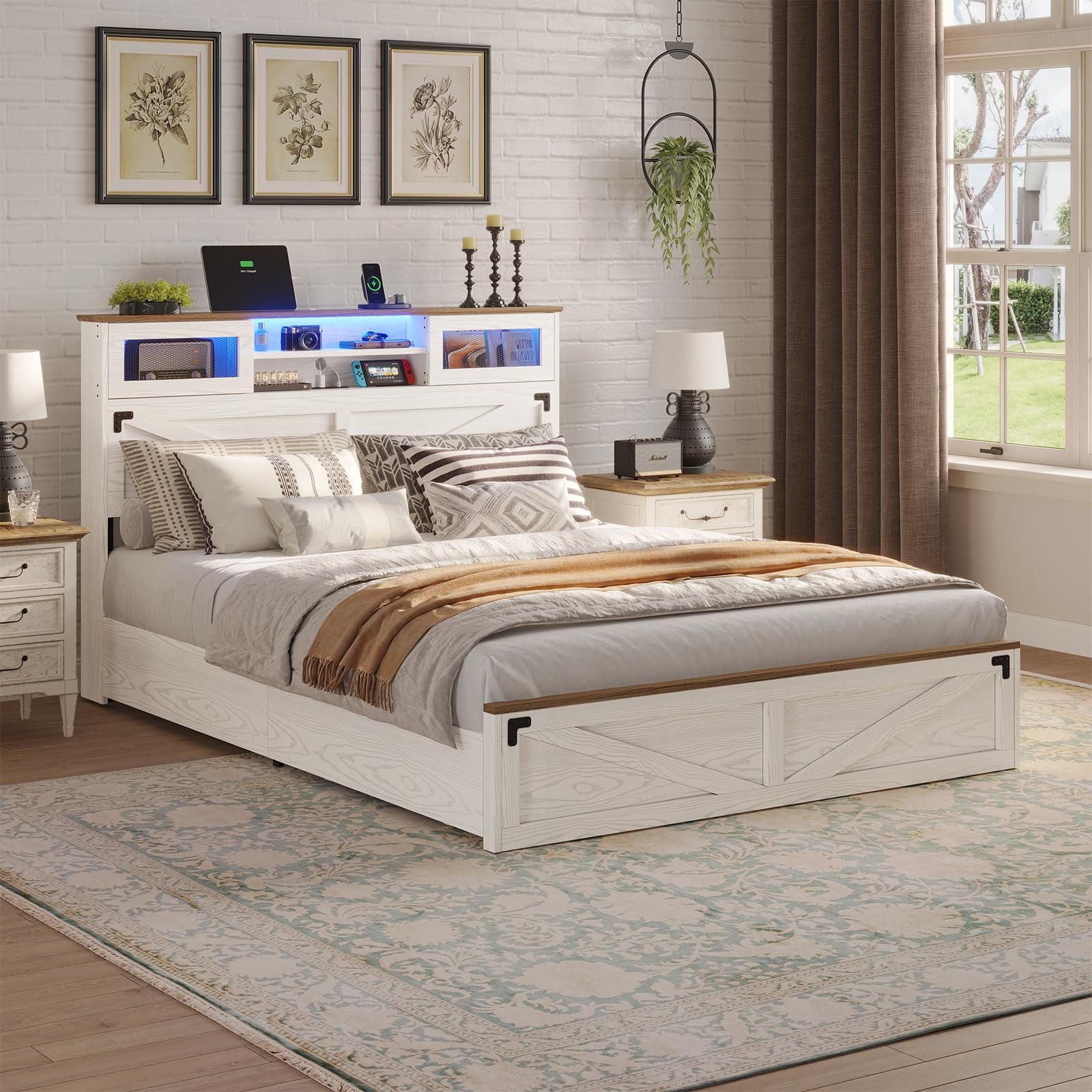 Queen Size Farmhouse Bed Frame with Storage Headboard LED Wooden Platform Bed with 2 Drawers and Charging Station White