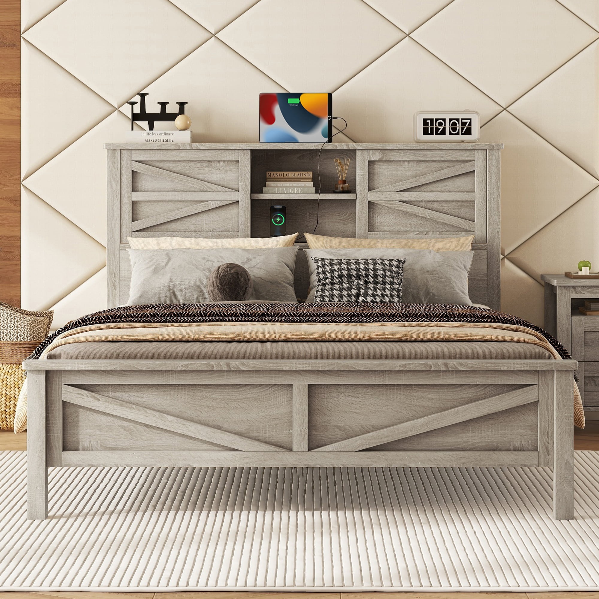 Queen Size Farmhouse Platform Bed with Barn Doors, Charging Station ...