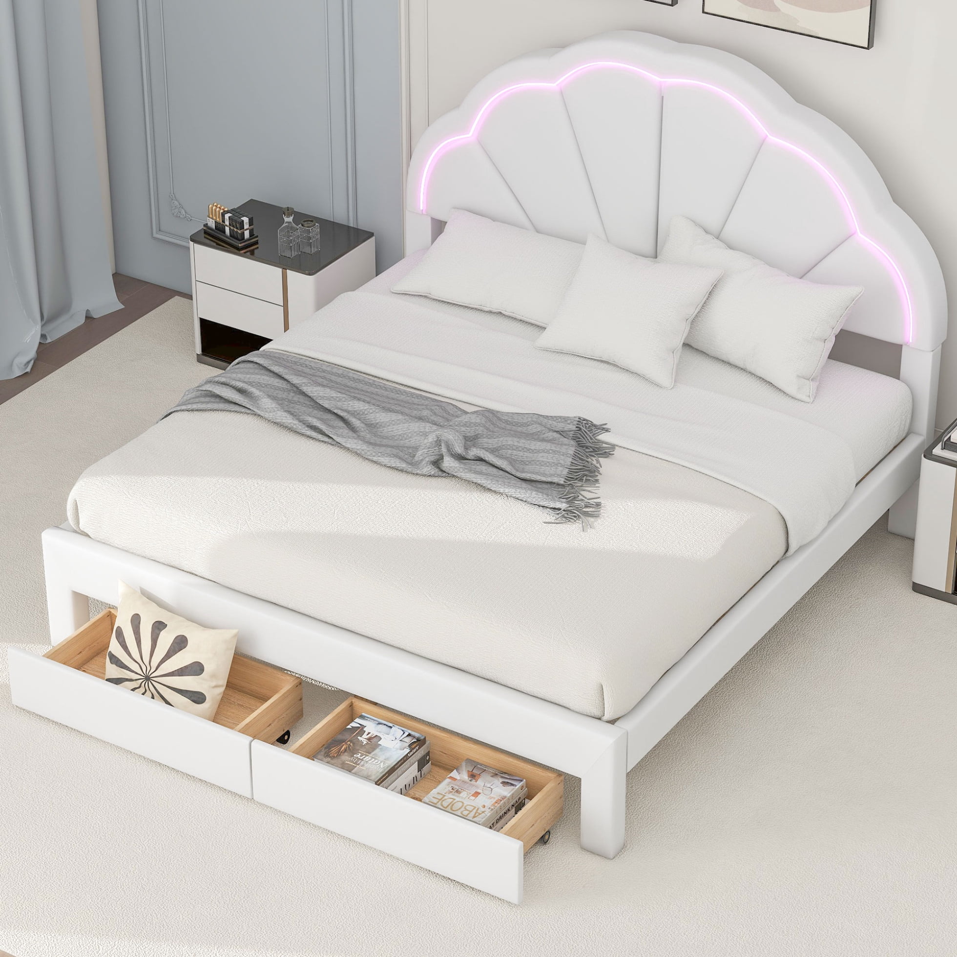 Queen Size Faux Leather Upholstered Platform Bed with Seashell Shaped ...