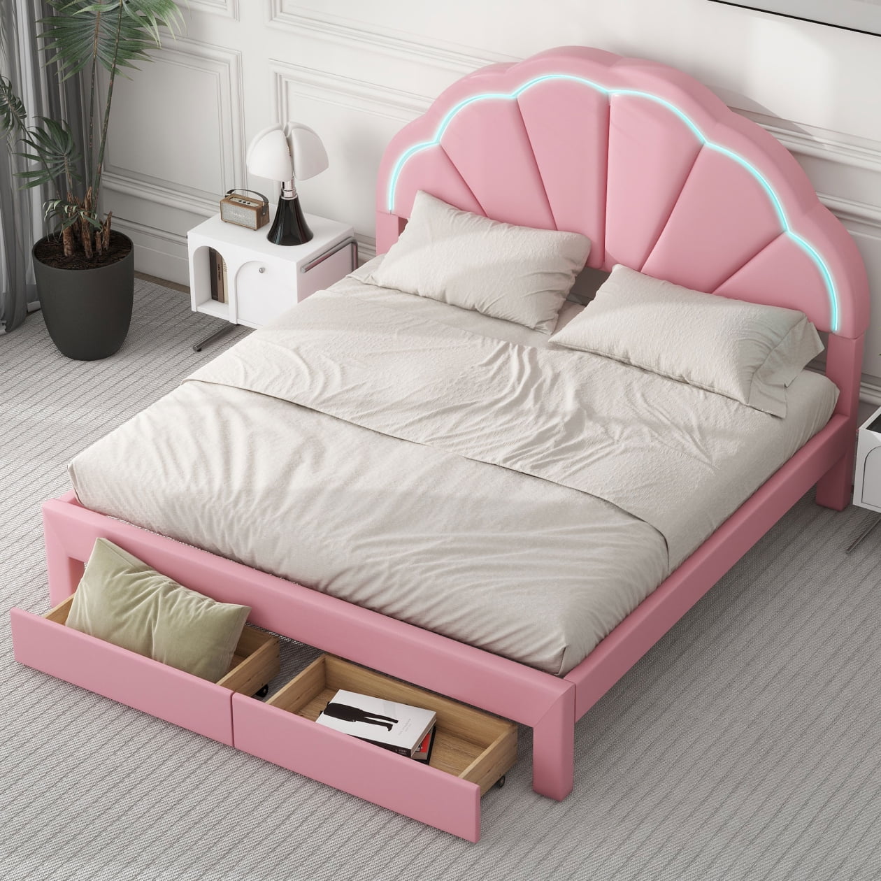 Queen Size Faux Leather Upholstered Platform Bed with Seashell Shaped ...