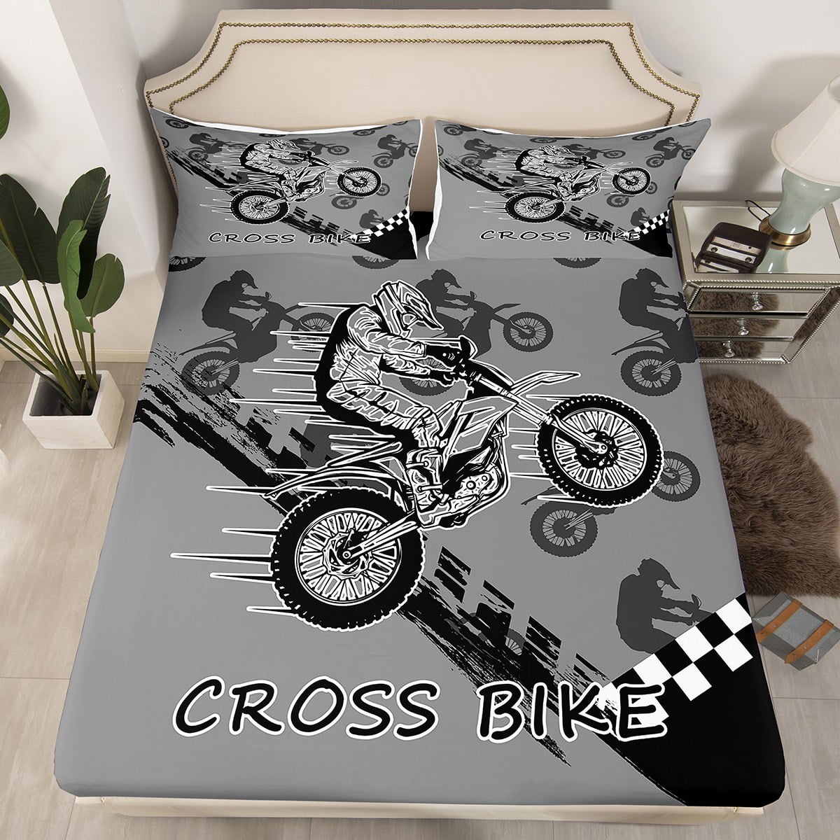 Queen Size Fitted Sheet Dirt Bike Bedding Set Extreme Sports Cross Bike ...