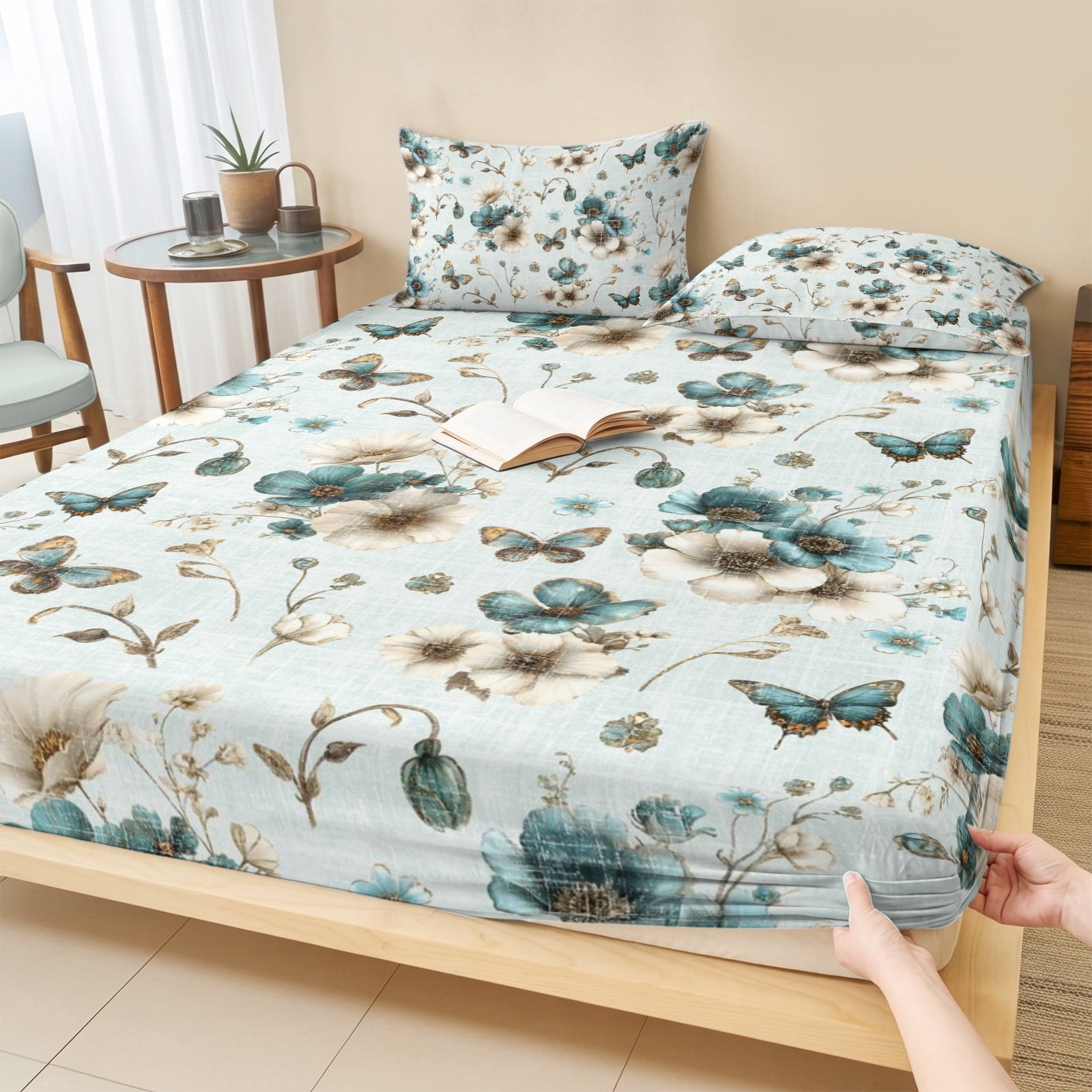 Queen Size Fitted Sheet Set - Teal Beige Floral 3 Piece Bedding Sets 16 ...