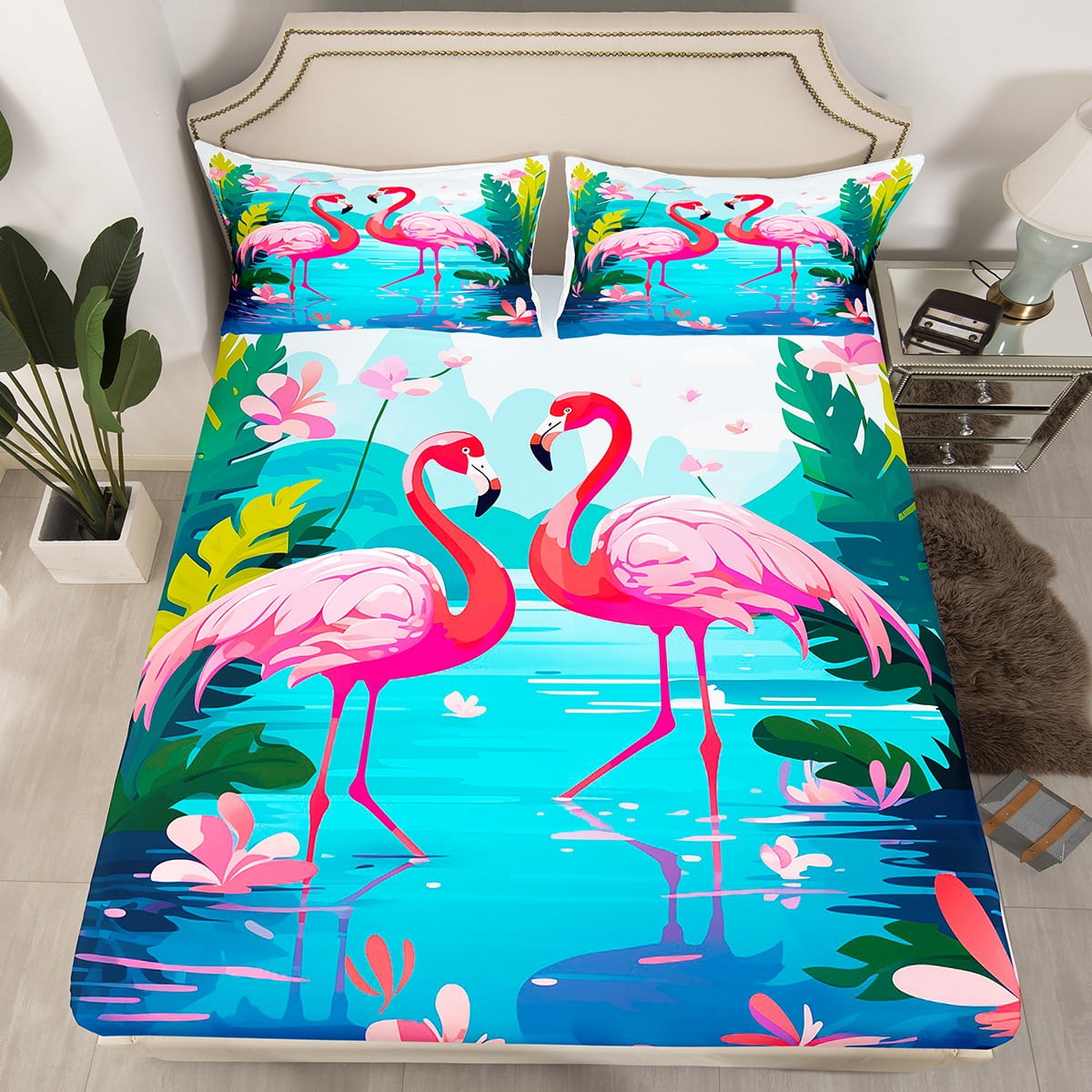 Queen Size Flamingo Bed Sheets Kids Cute Pink Animal Bedding Set ...