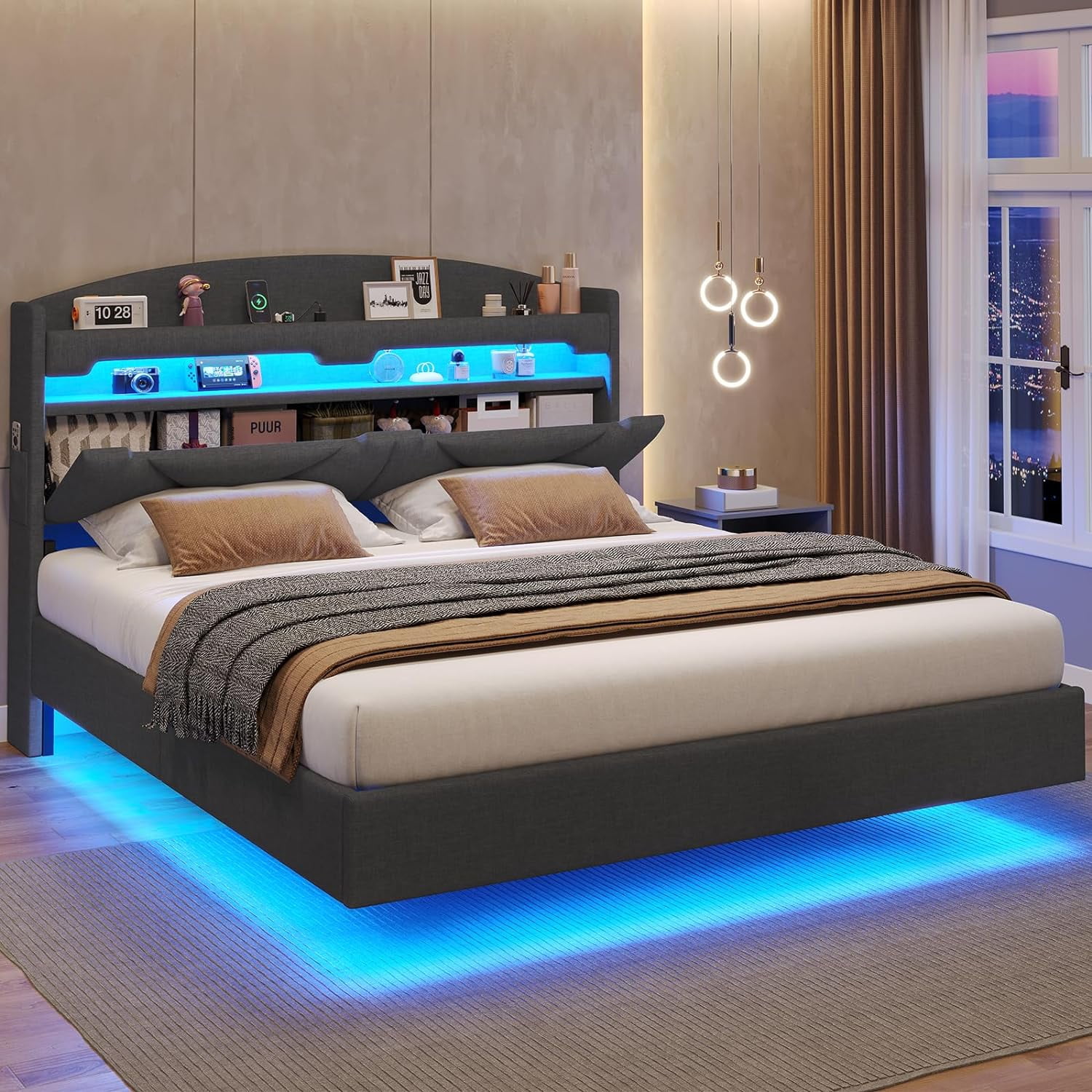 Queen Size Floating Bed Frame with LED Lights, Charging Station ...